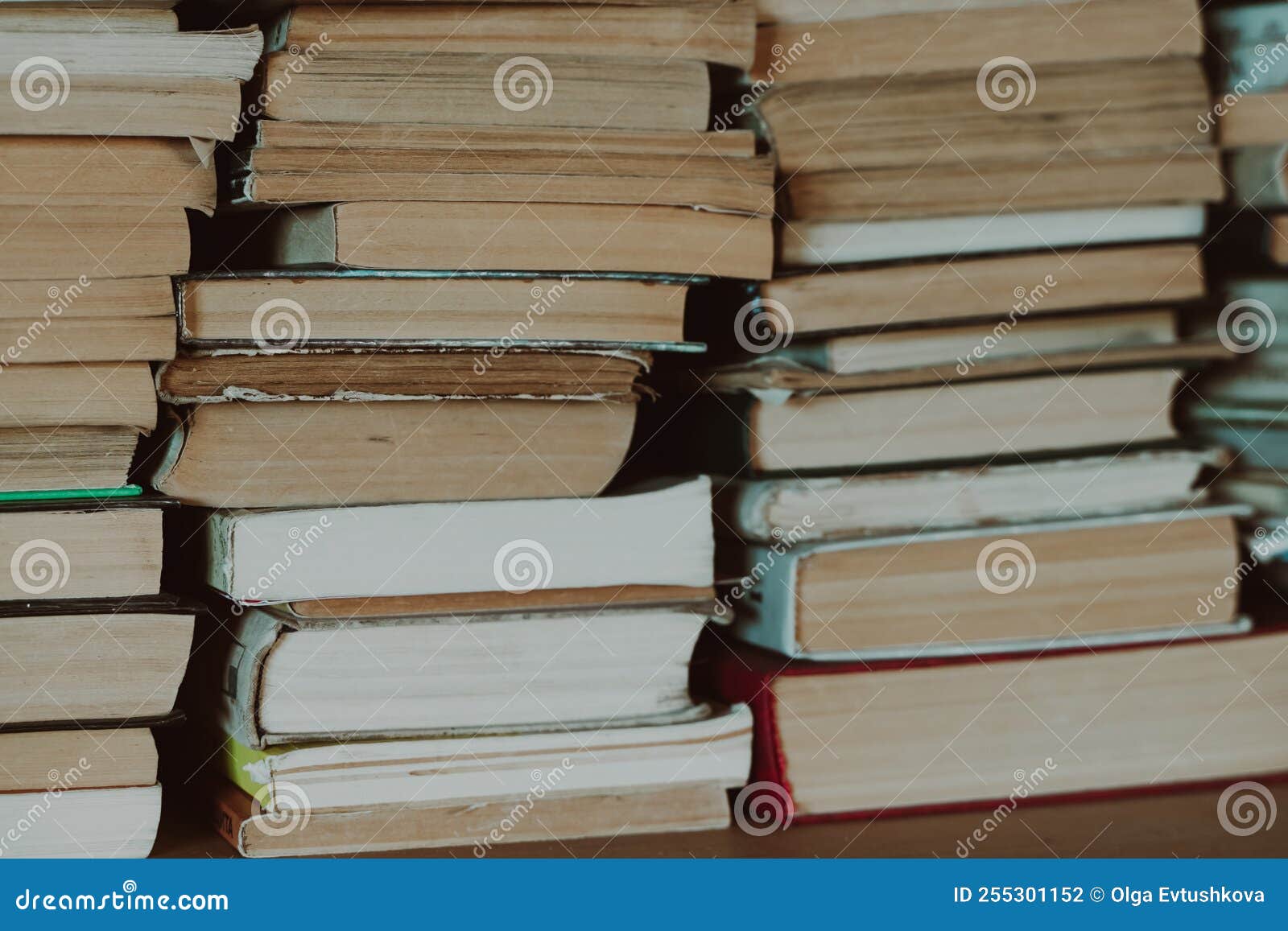 Old Books in Stacks on the Shelf, Yellowed and Faded Sheets of Paper in ...