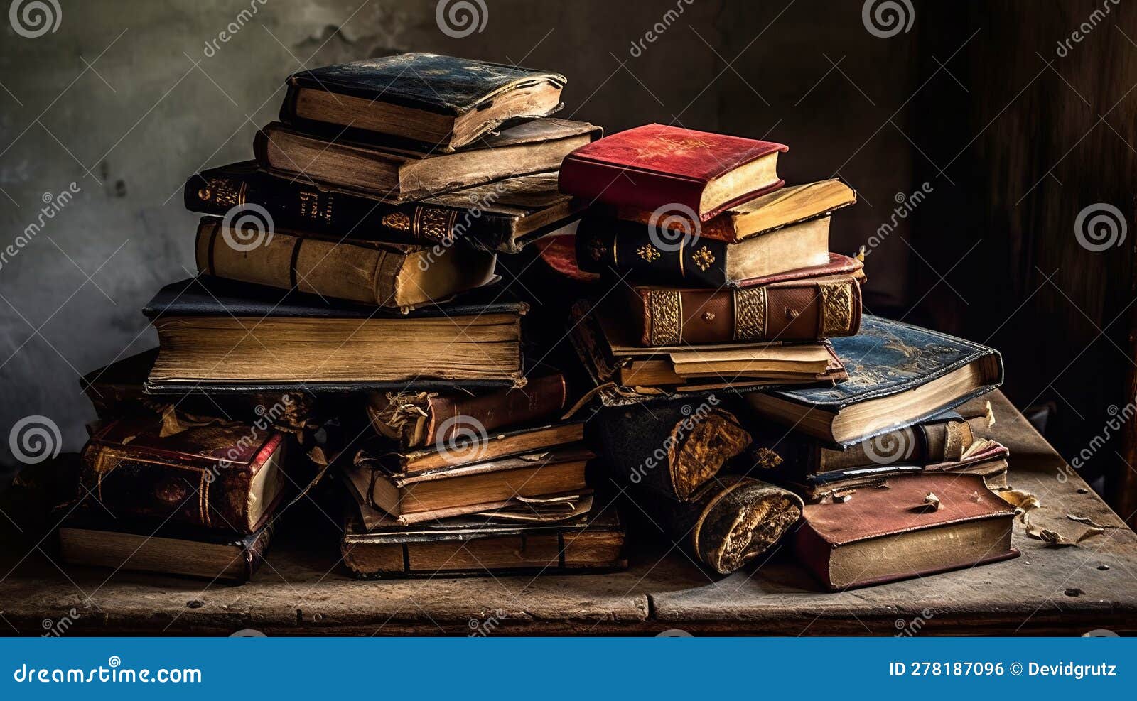 Old Books on a Table with One Book Open. Generative AI Stock Photo ...