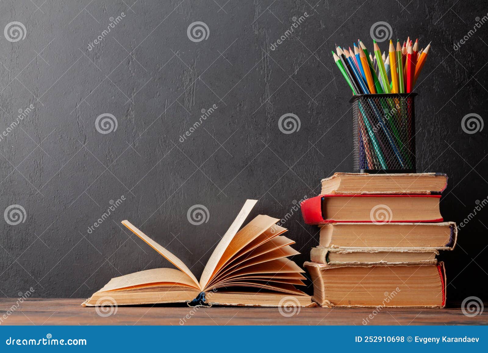 Old Books on Wooden Table and Blackboard Stock Photo - Image of ...