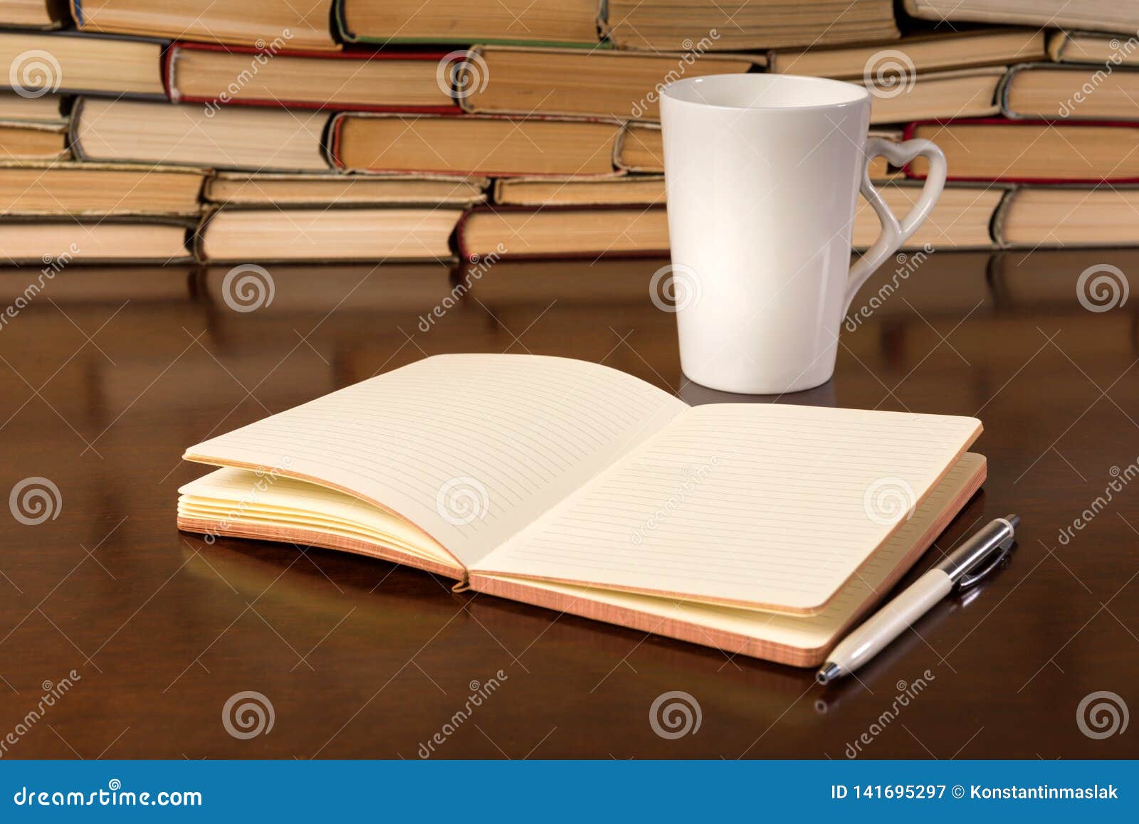 Blank Open Notepad with Pen on the Table with Books Stock Image - Image ...