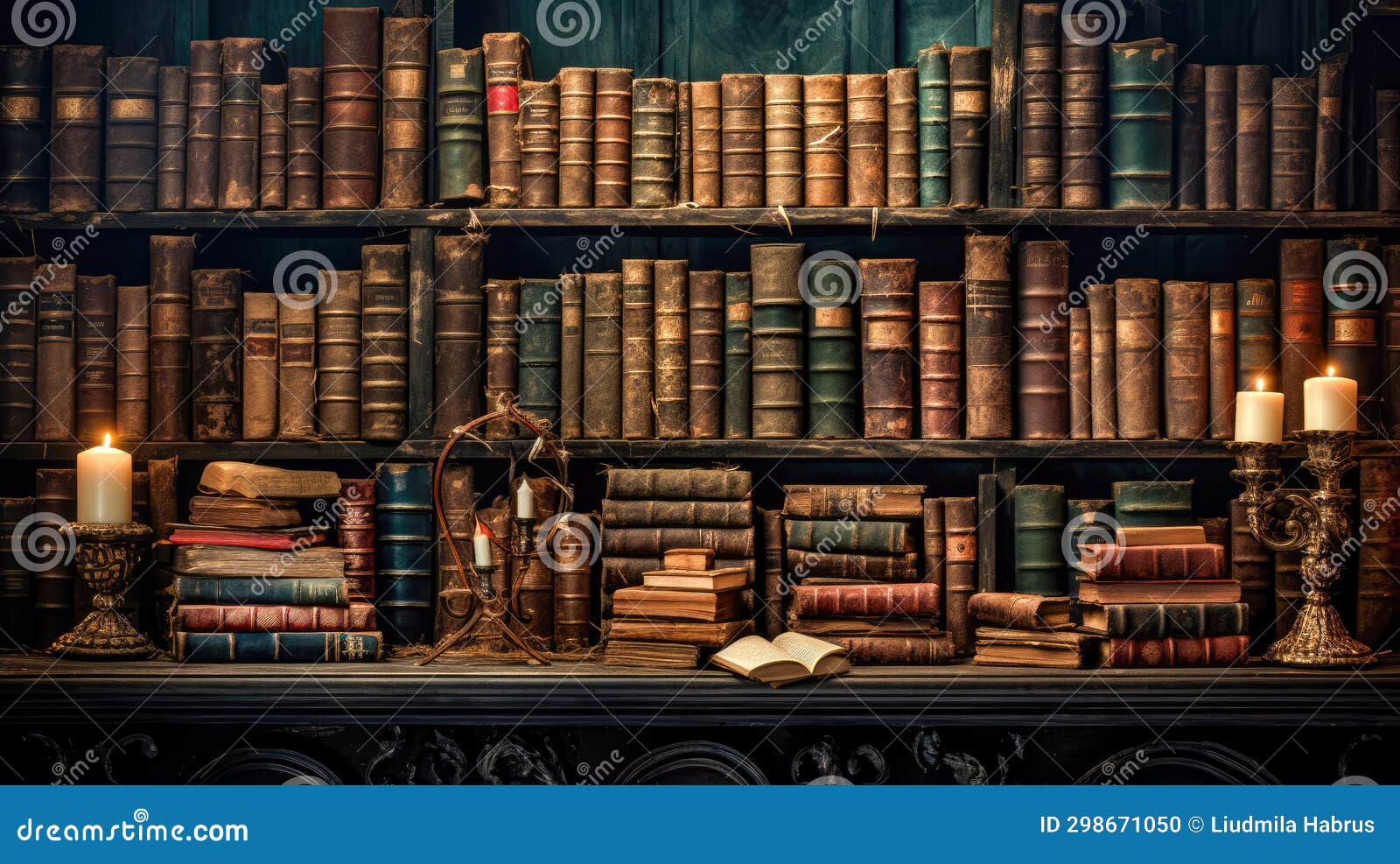 Old Bookshelf with Old Books in a Library. Toned. Stock Photo - Image ...