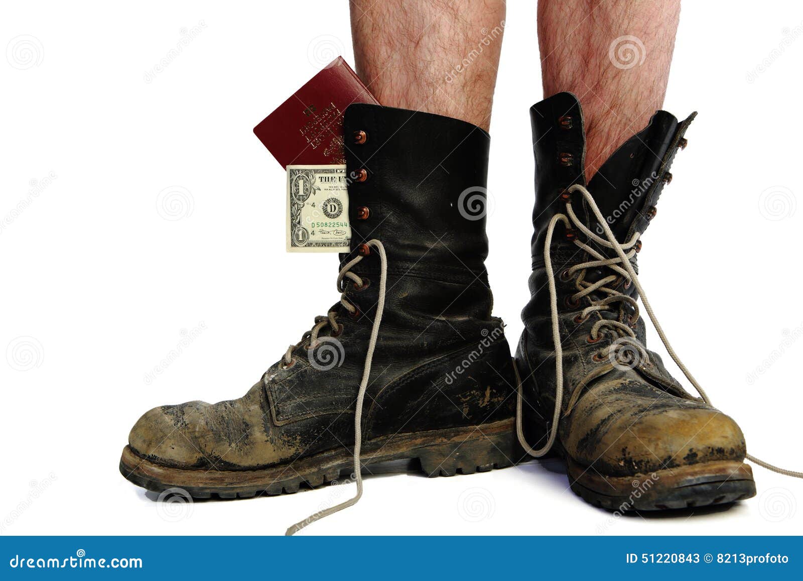Old Boots with Legs and Money Stock Image - Image of military, builder ...