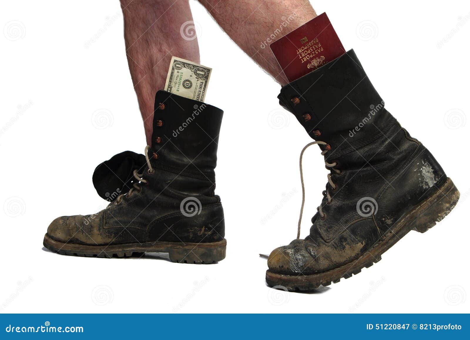 Old Boots with Legs and Money Stock Image - Image of army, military ...