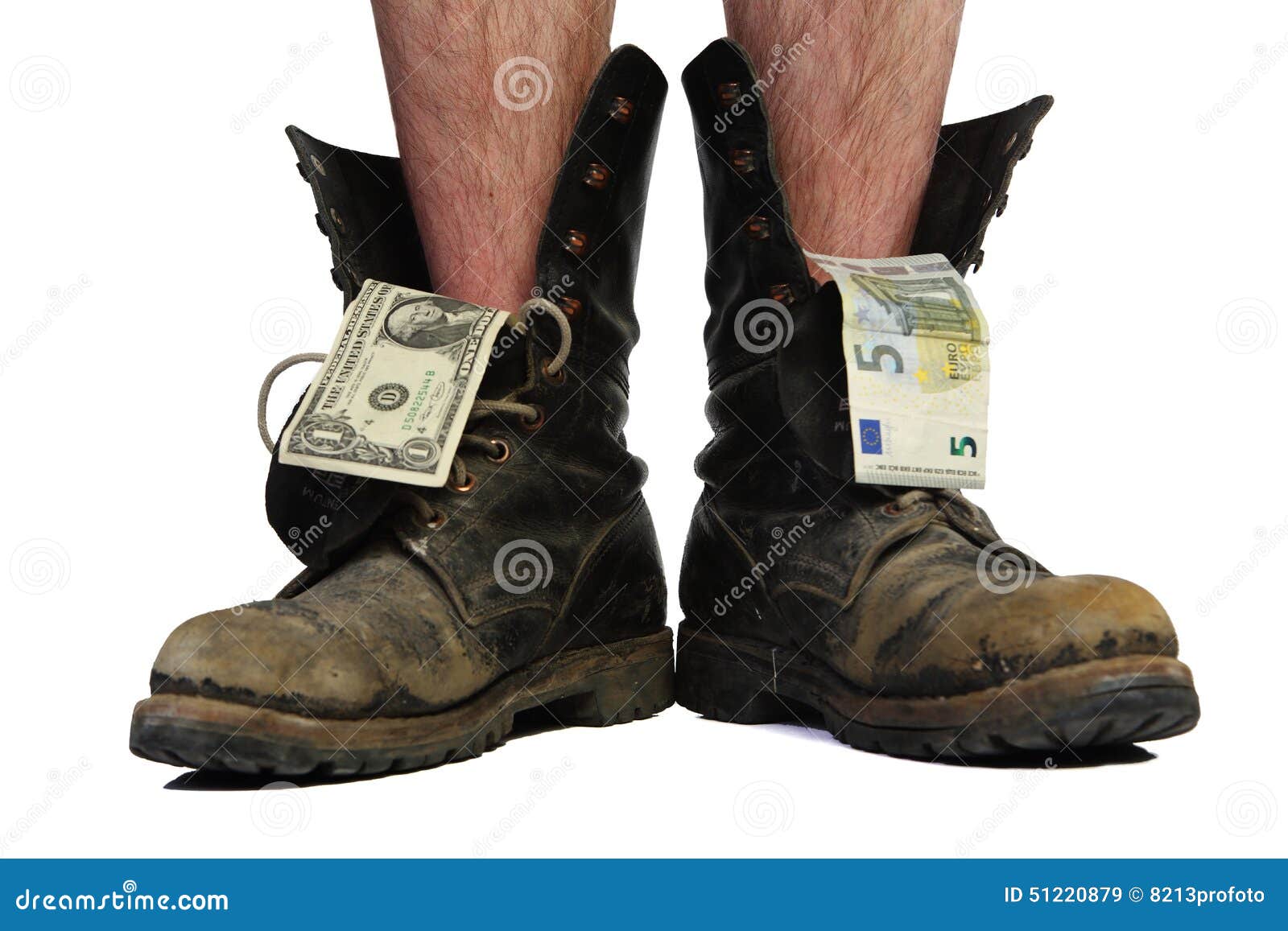 Old Boots with Legs and Money Stock Image - Image of military, fashion ...