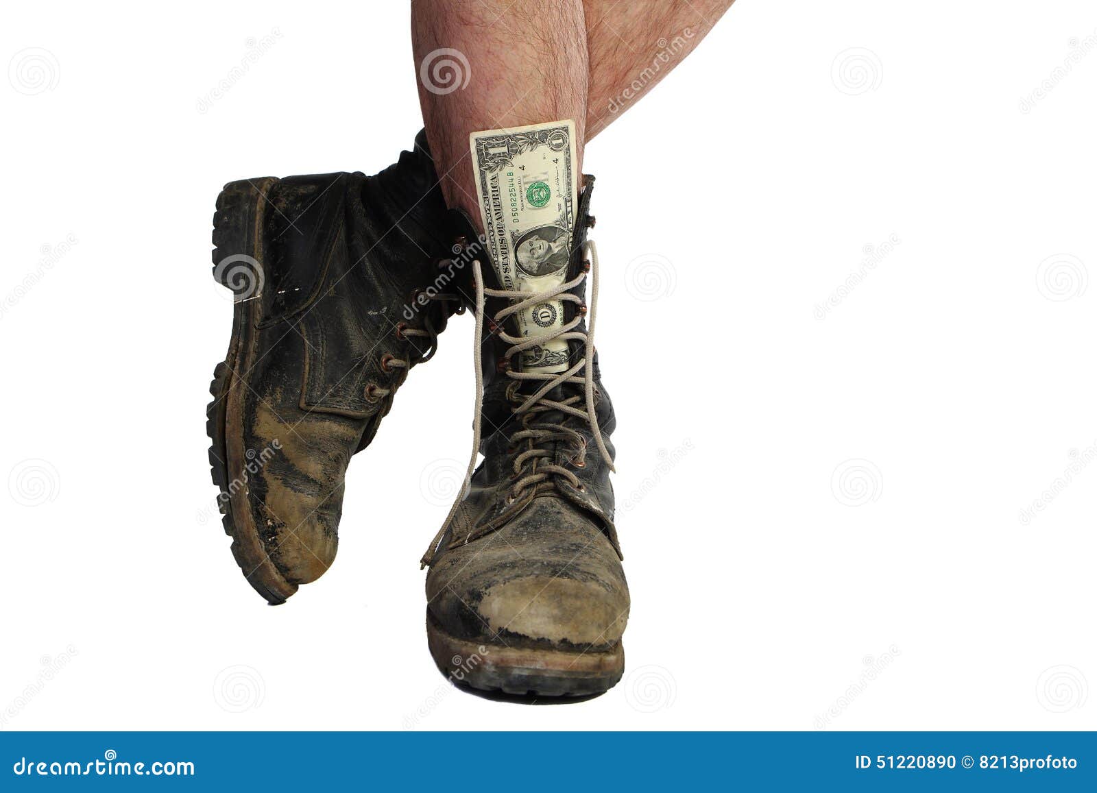 Old Boots With Legs And Money Stock Photo - Image of isolated, fashion ...