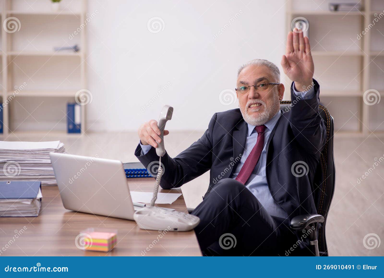 Old Male Boss Working at Workplace Stock Image - Image of salute, desk ...