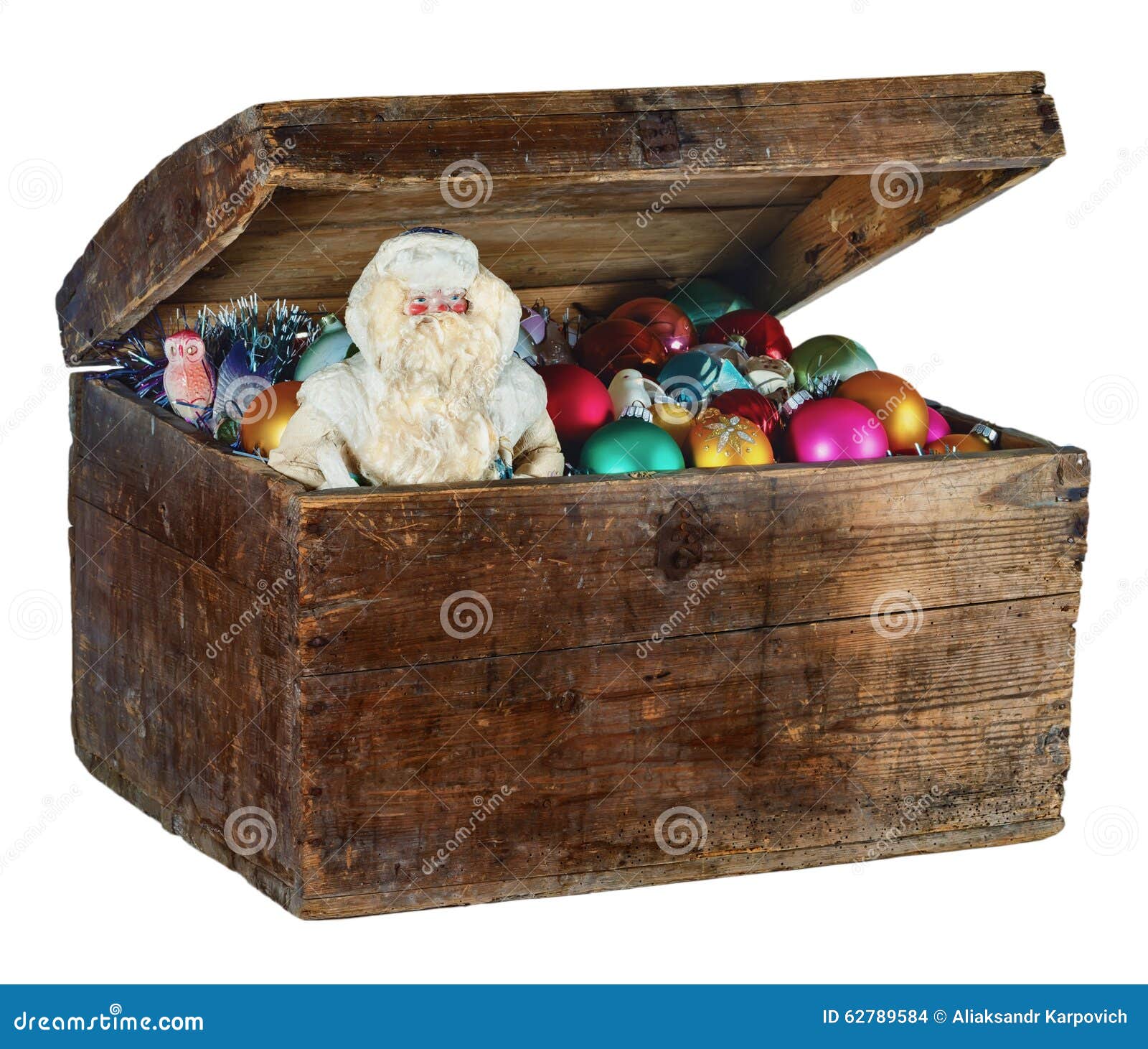 Old Box with Christmas Decorations and Santa Claus Stock Photo - Image ...