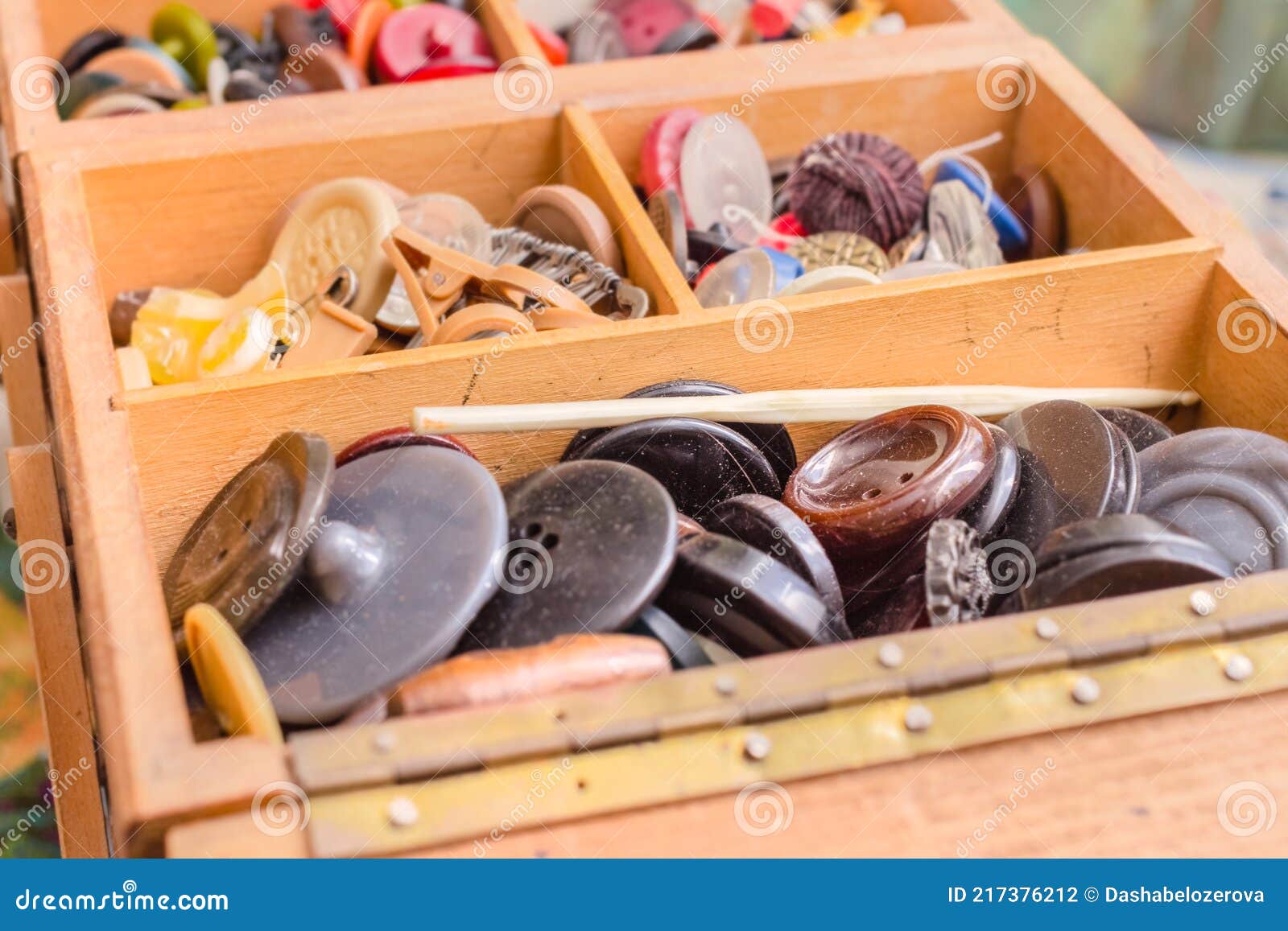 Old box with old button stock photo. Image of accessory - 217376212