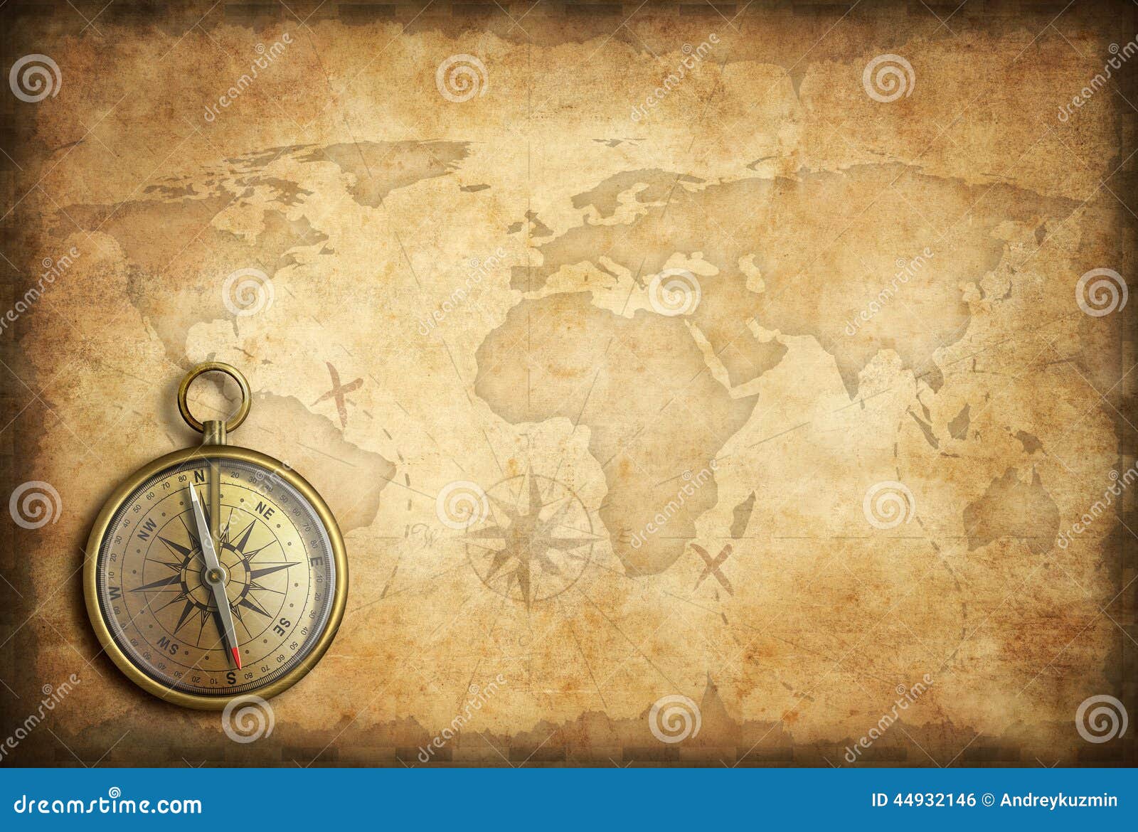 Old Brass or Golden Compass with World Map Background Stock ...
