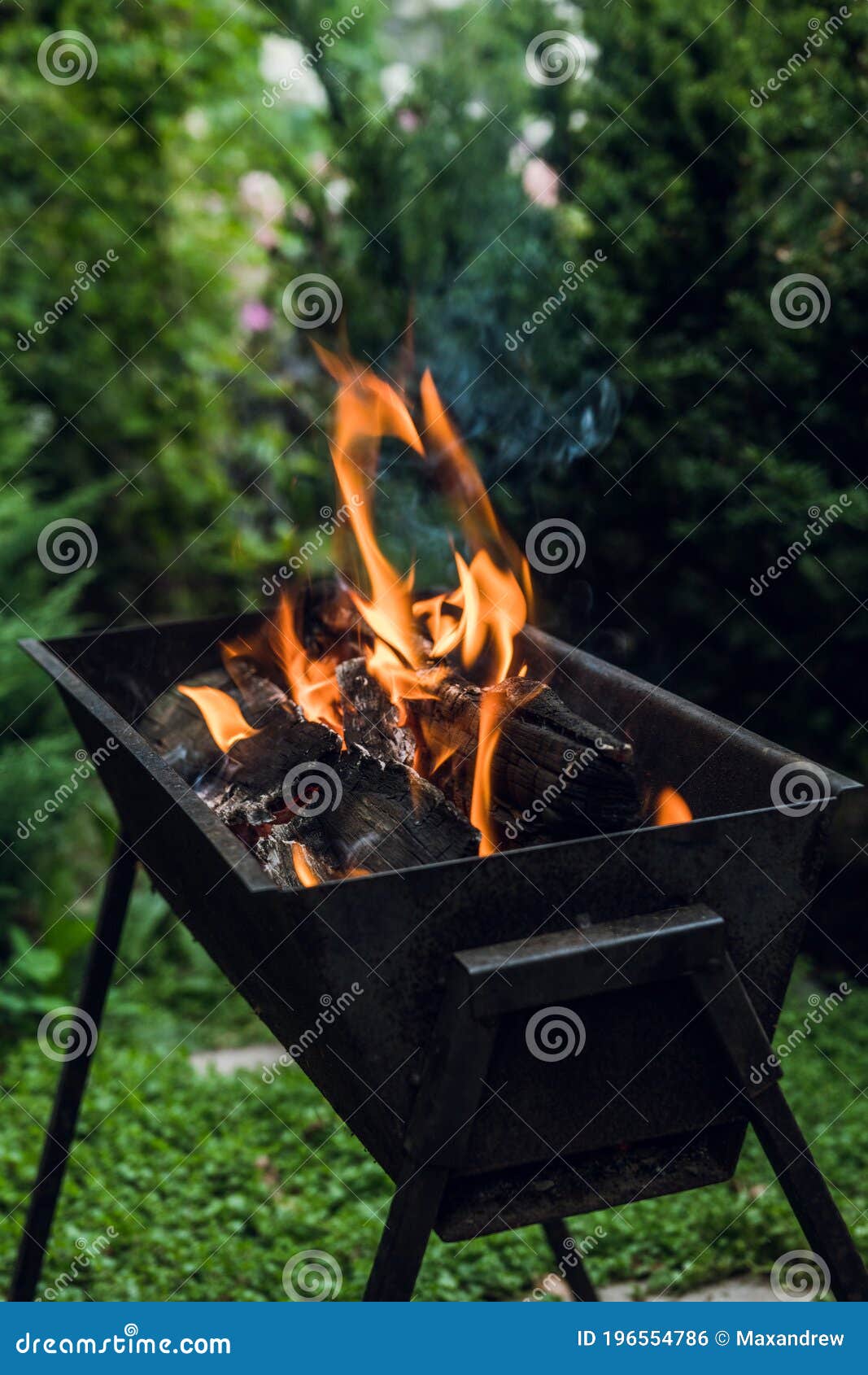 Old Brazier with Burning Firewood on the Backyard Stock Photo - Image ...