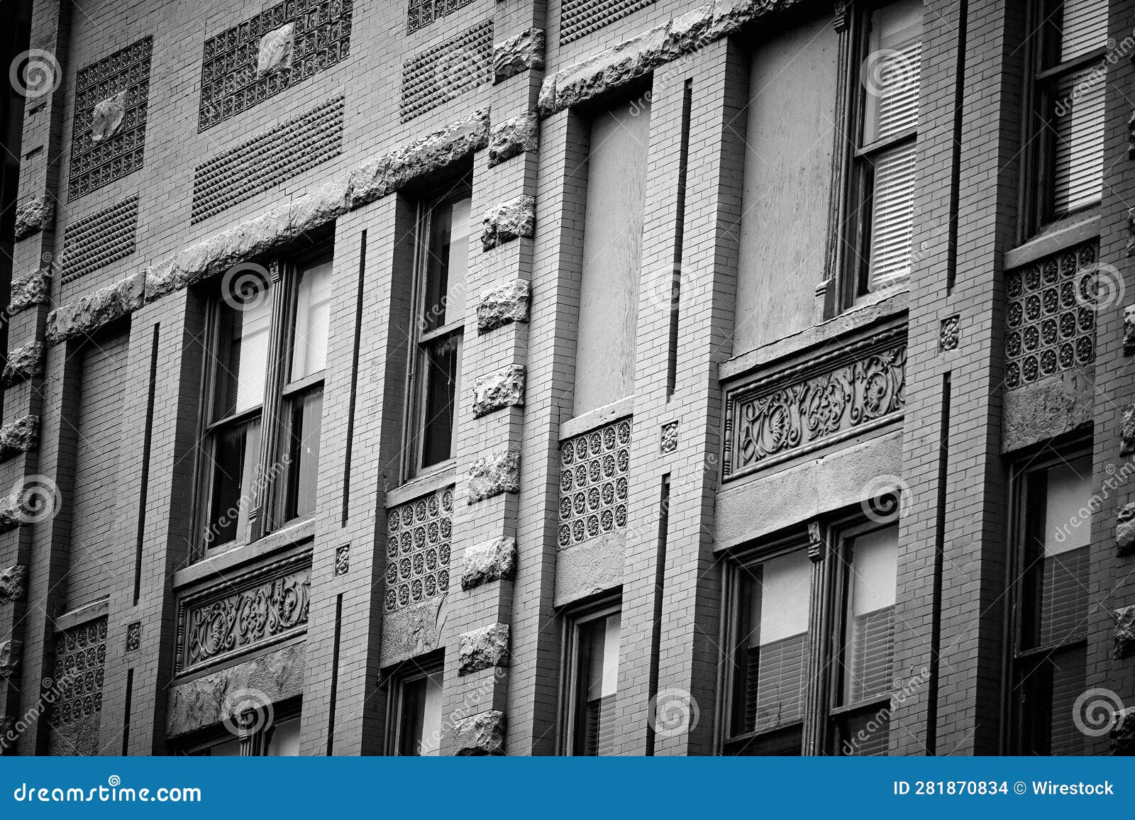 Old Brick Building Exterior in Grayscale Stock Photo - Image of ...