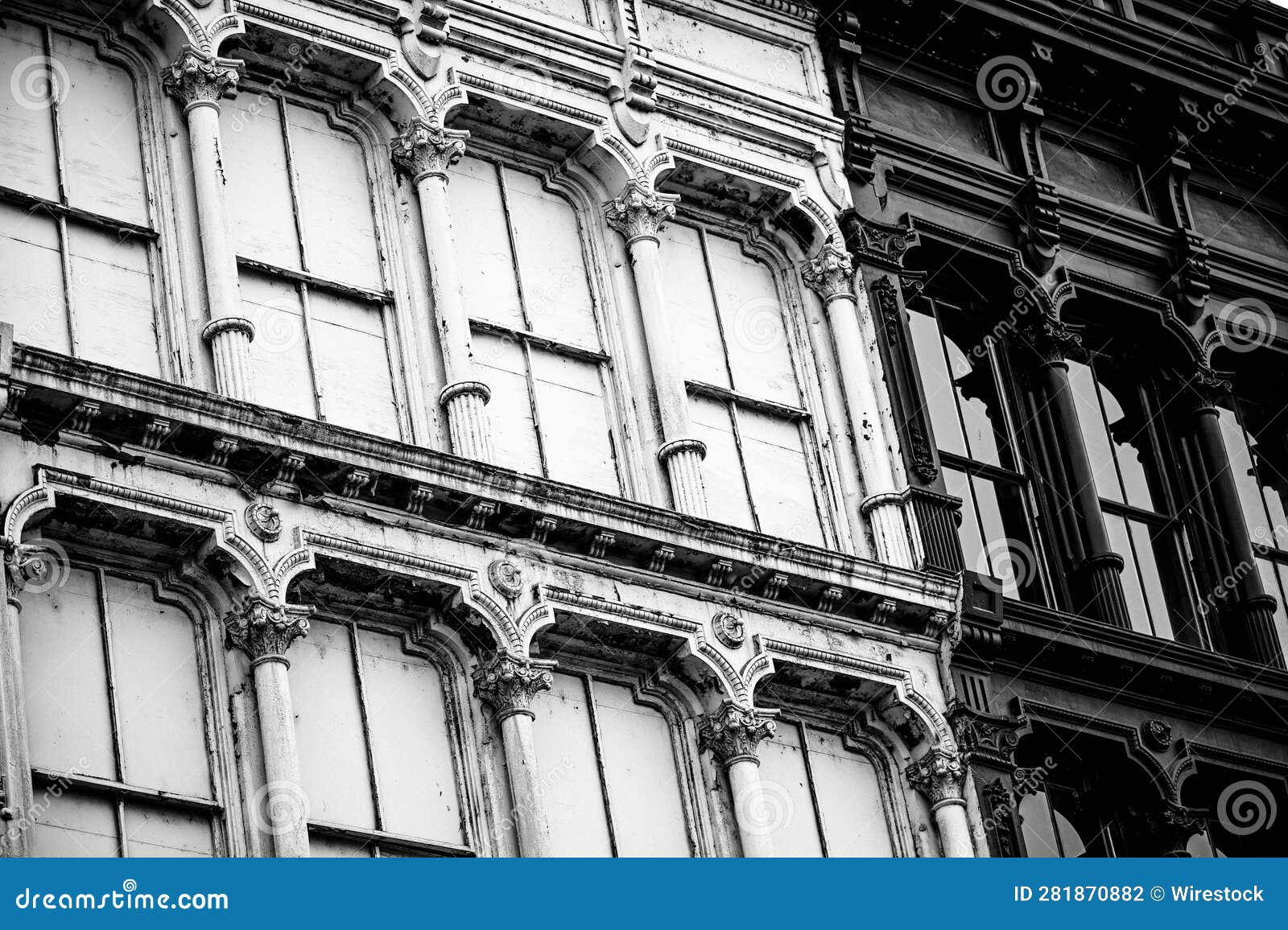 Old Brick Building Exterior in Grayscale Stock Photo - Image of classic ...