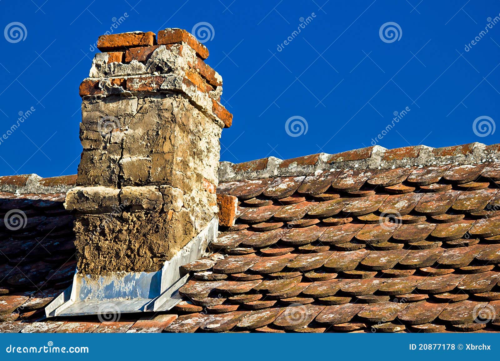 Brick Chimney With Skylight On The Terracotta Rooftop, Closeup Stock ...