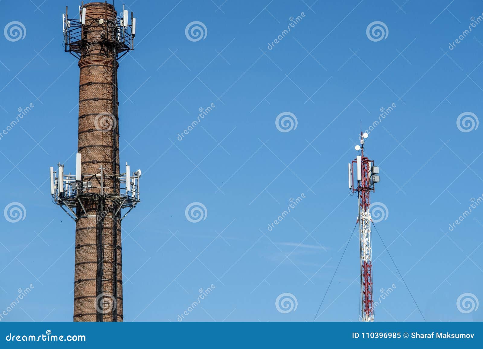 Old Brick Chimney Turn into Cellular Tower. Stock Image - Image of blue ...