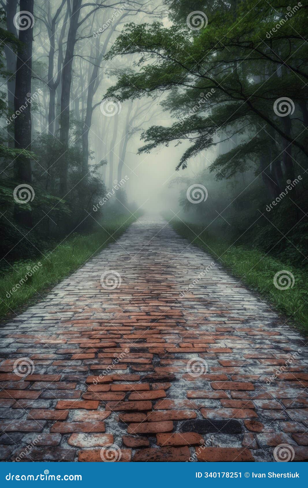 Old Brick Road Leading through a Dense, Misty Forest. Stock Image ...
