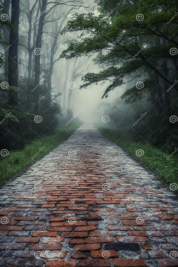 Old Brick Road Leading through a Dense, Misty Forest. Stock Image ...