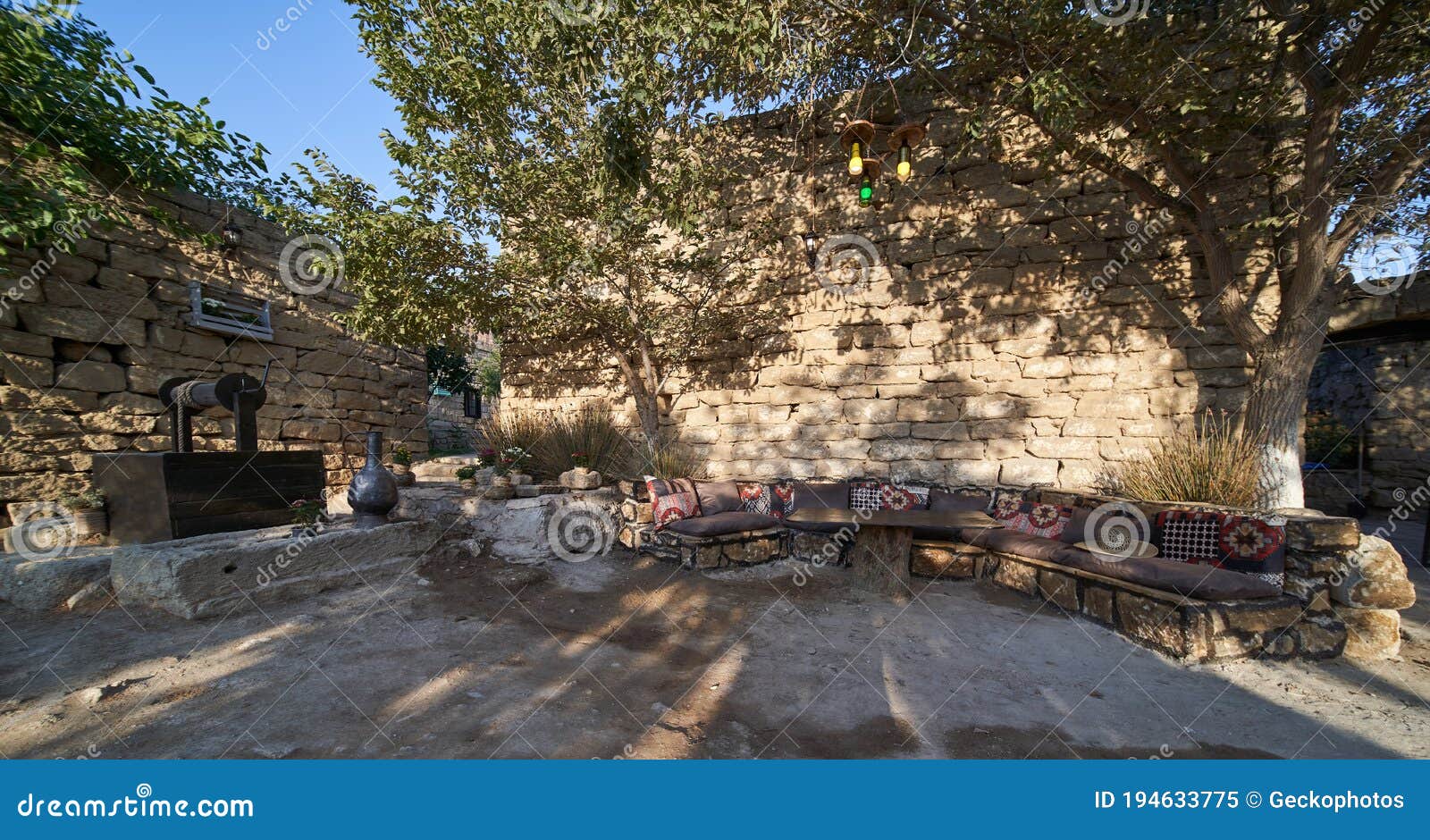 Old Brick Wall Garden Exterior. Old Stone Backyard Stock Image - Image ...
