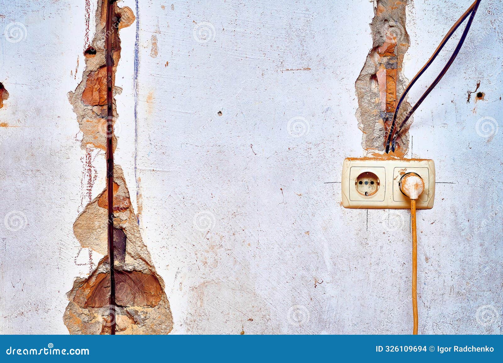Old Brick Wall before Renovation. Connected Socket, Wiring, Cracks ...