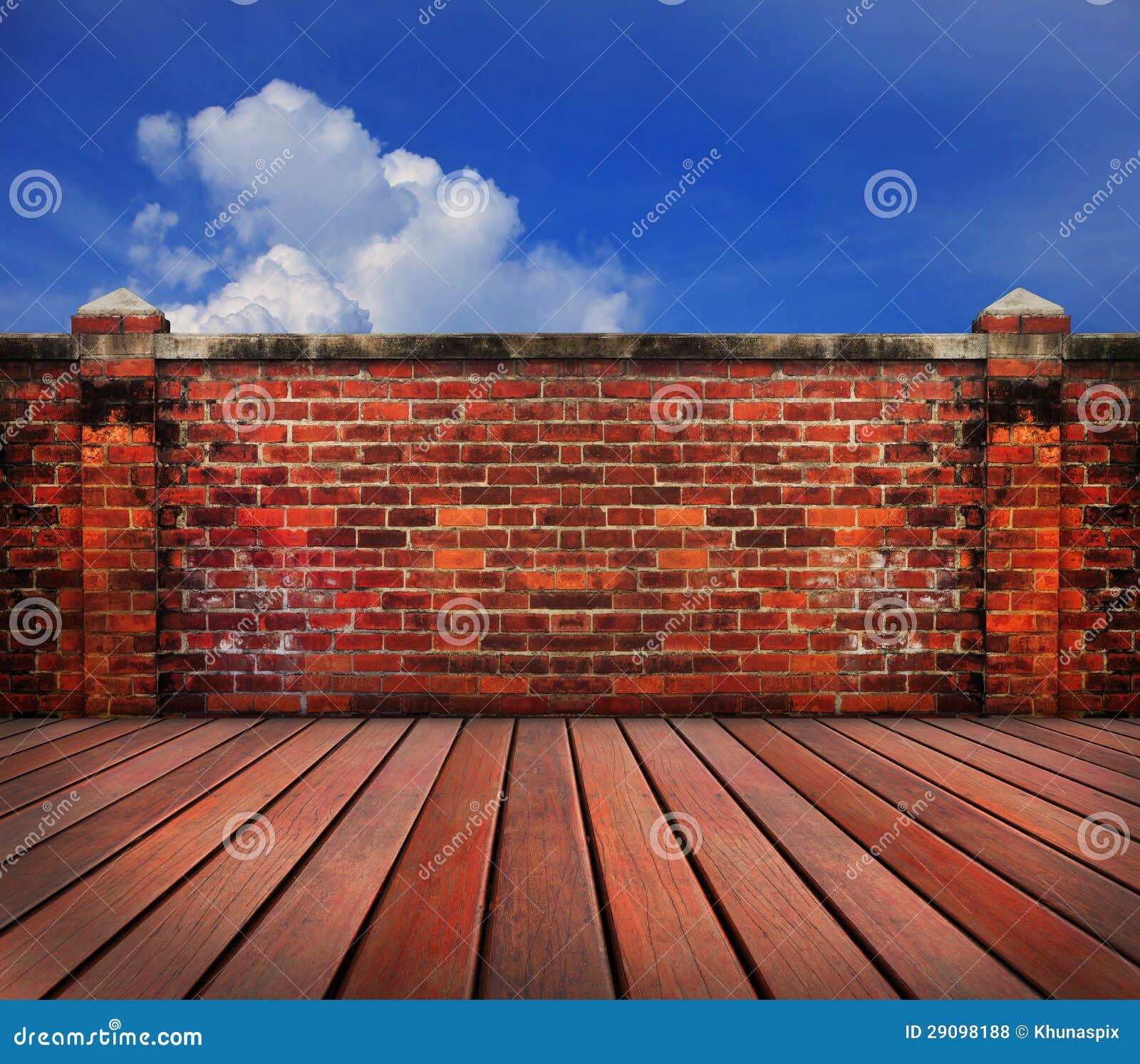 Old Brick Wall Wood Terrace with Blue Sky Backgrund Stock Photo - Image ...