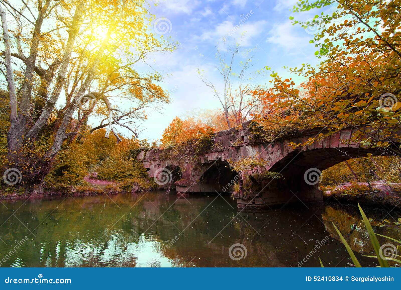 Old Bridge in Autumn Forest at Sunrise Stock Photo - Image of moss ...