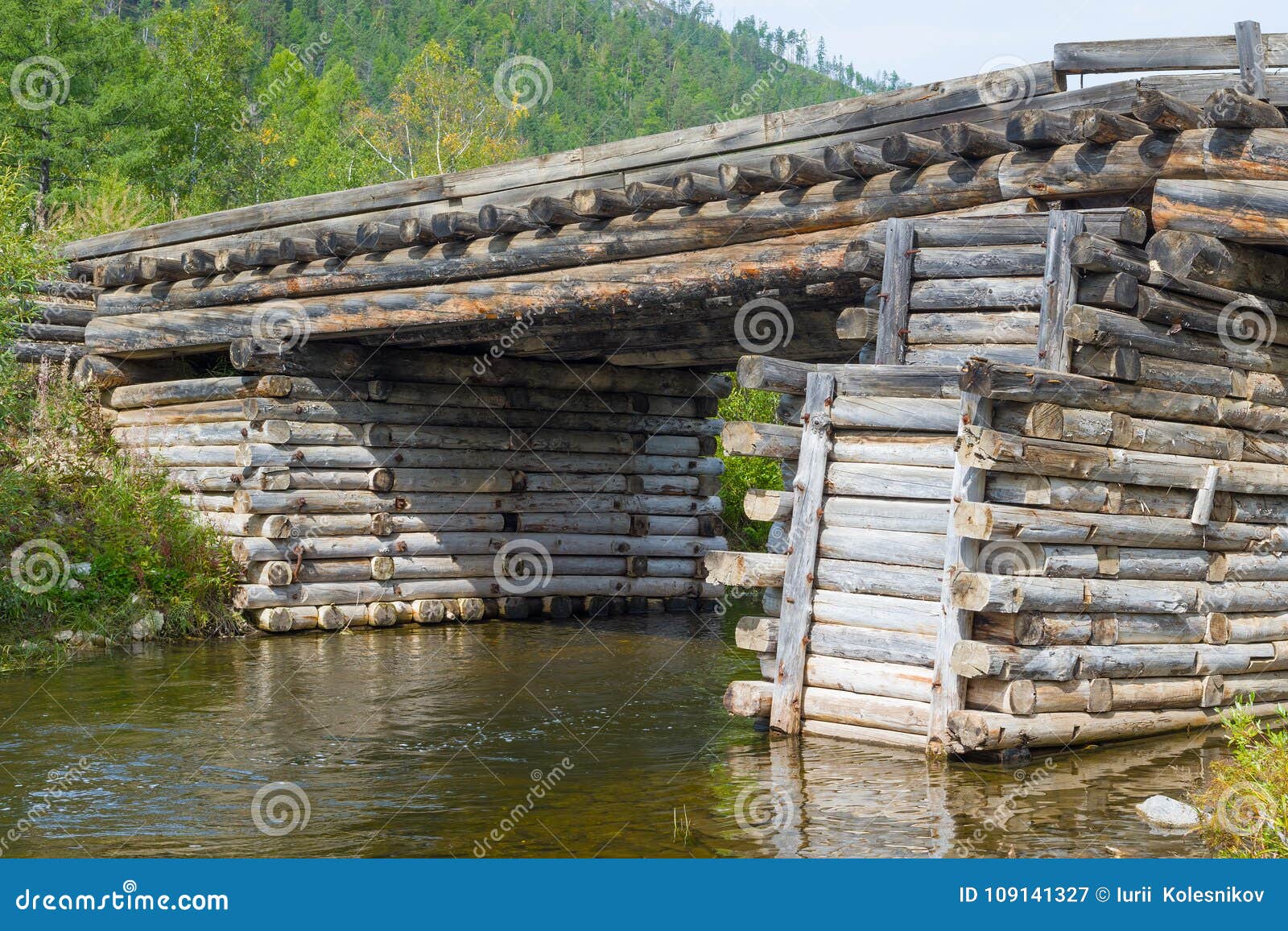 Old bridge of logs stock image. Image of road, summer - 109141327
