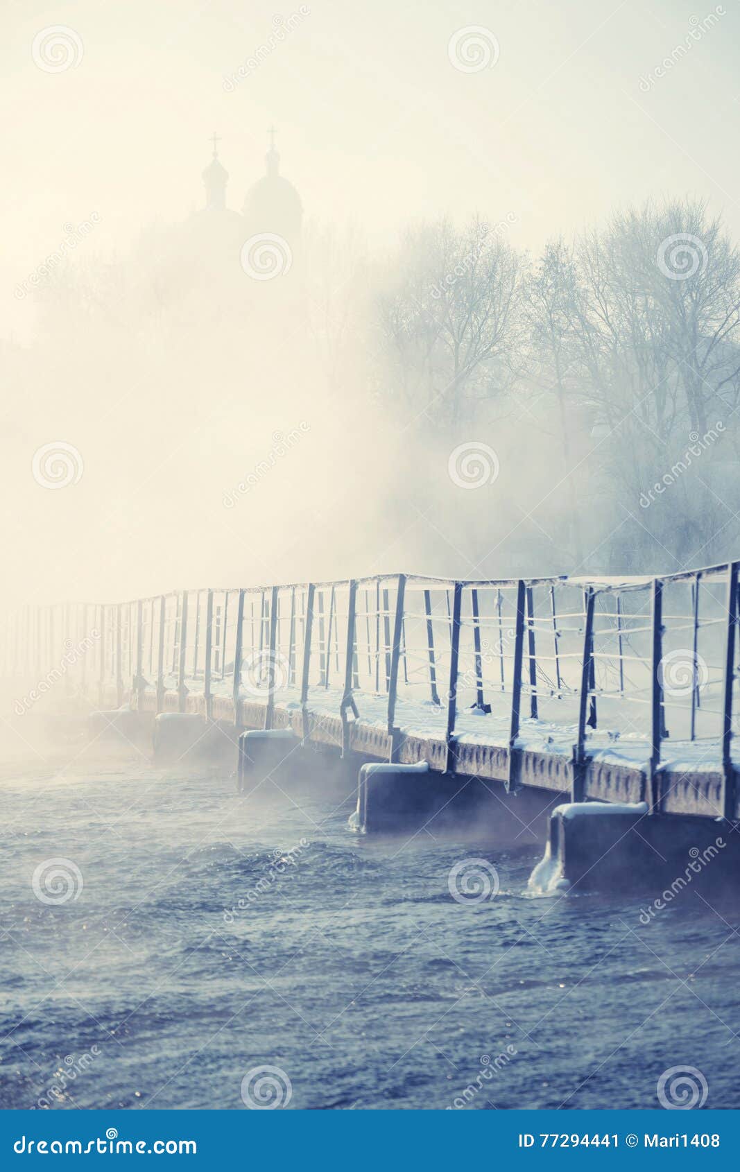 Old Bridge Over the Icy River Stock Image - Image of church, season ...