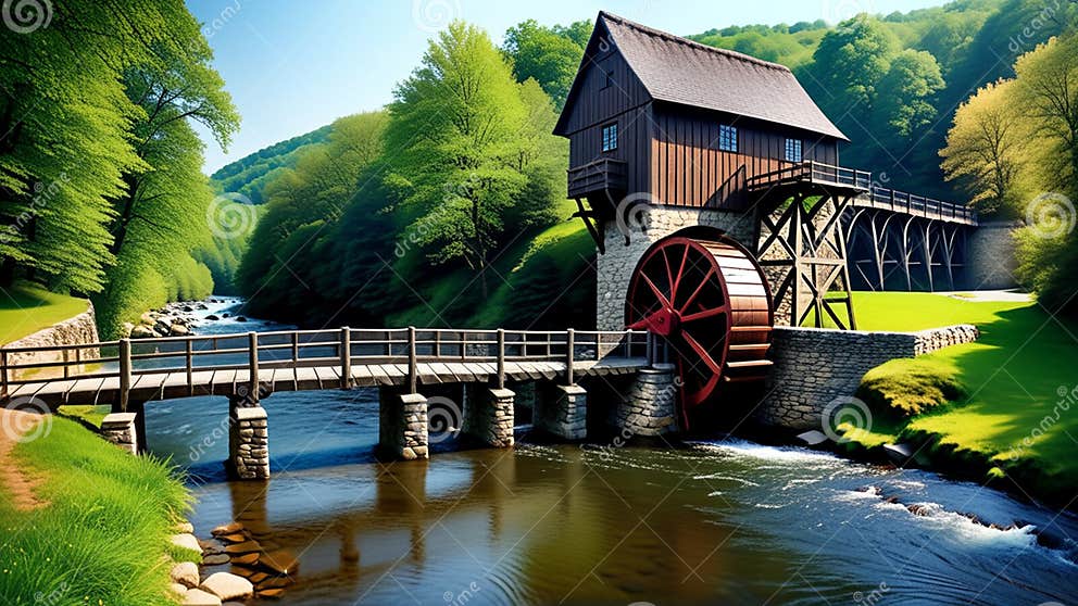 Old Bridge Over the River, Watermill Stock Illustration - Illustration ...