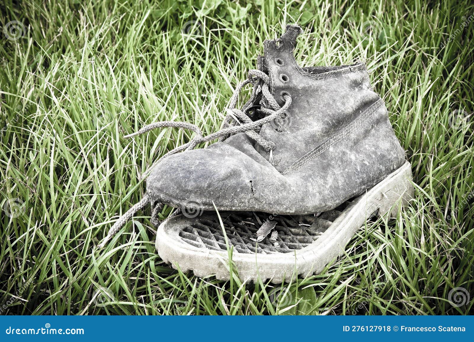 Old Broken Boot Abandoned in a Grass Carpet Stock Photo - Image of ...