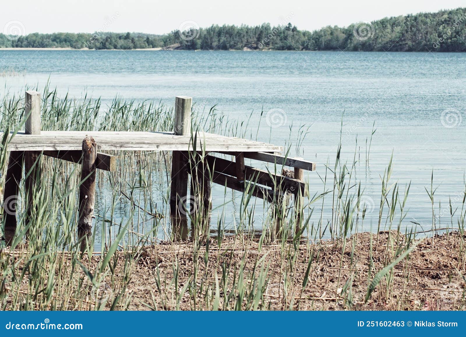 Old broken bridge at lake stock image. Image of reflection - 251602463