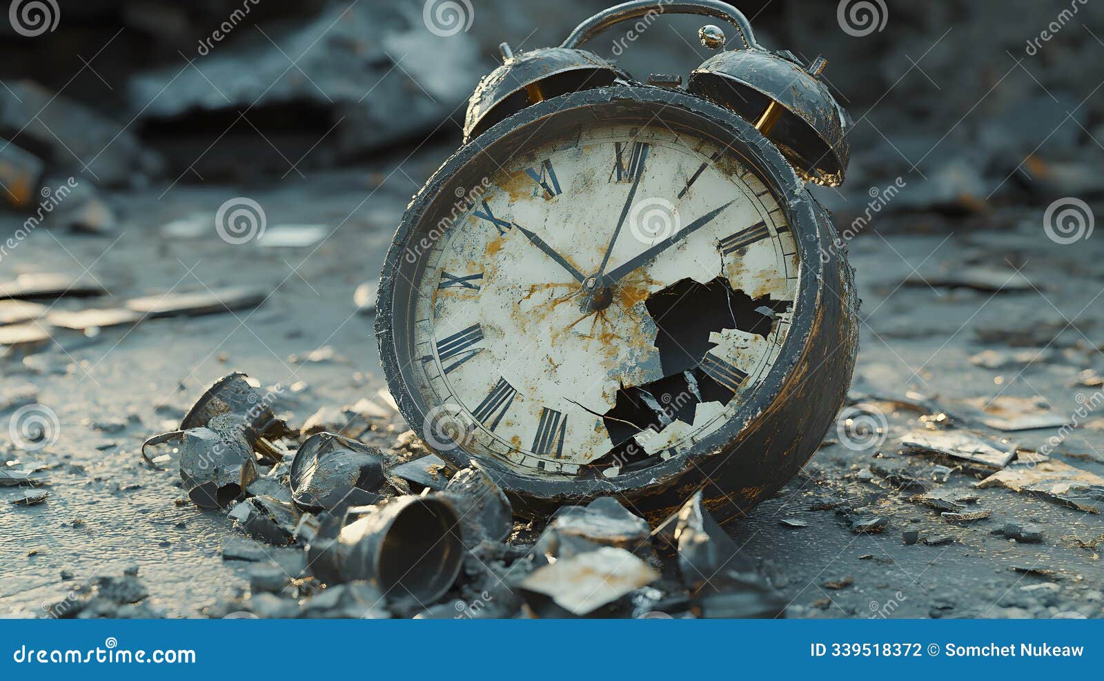 Clock Resting On A Pile Of Rubble With Scattered Debris And Broken ...