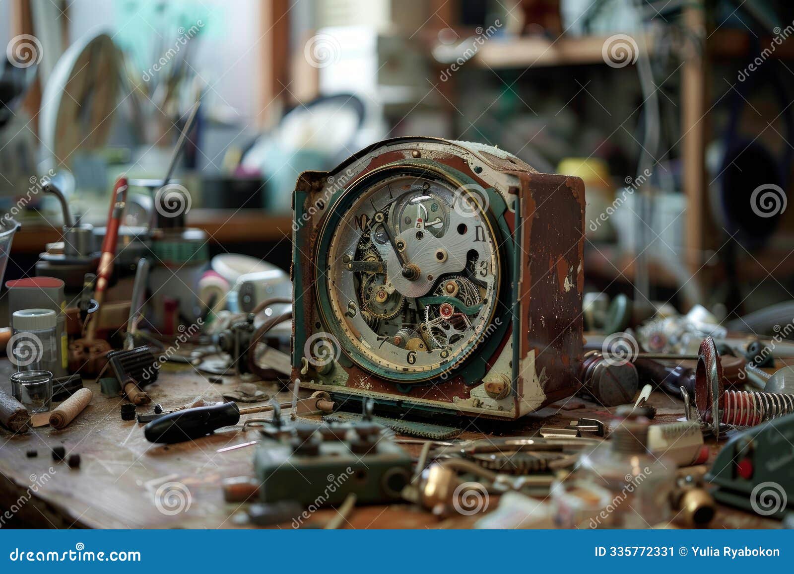 Old Broken Dismounted Clock with Visible Mechanism Lying on Watchmaker ...