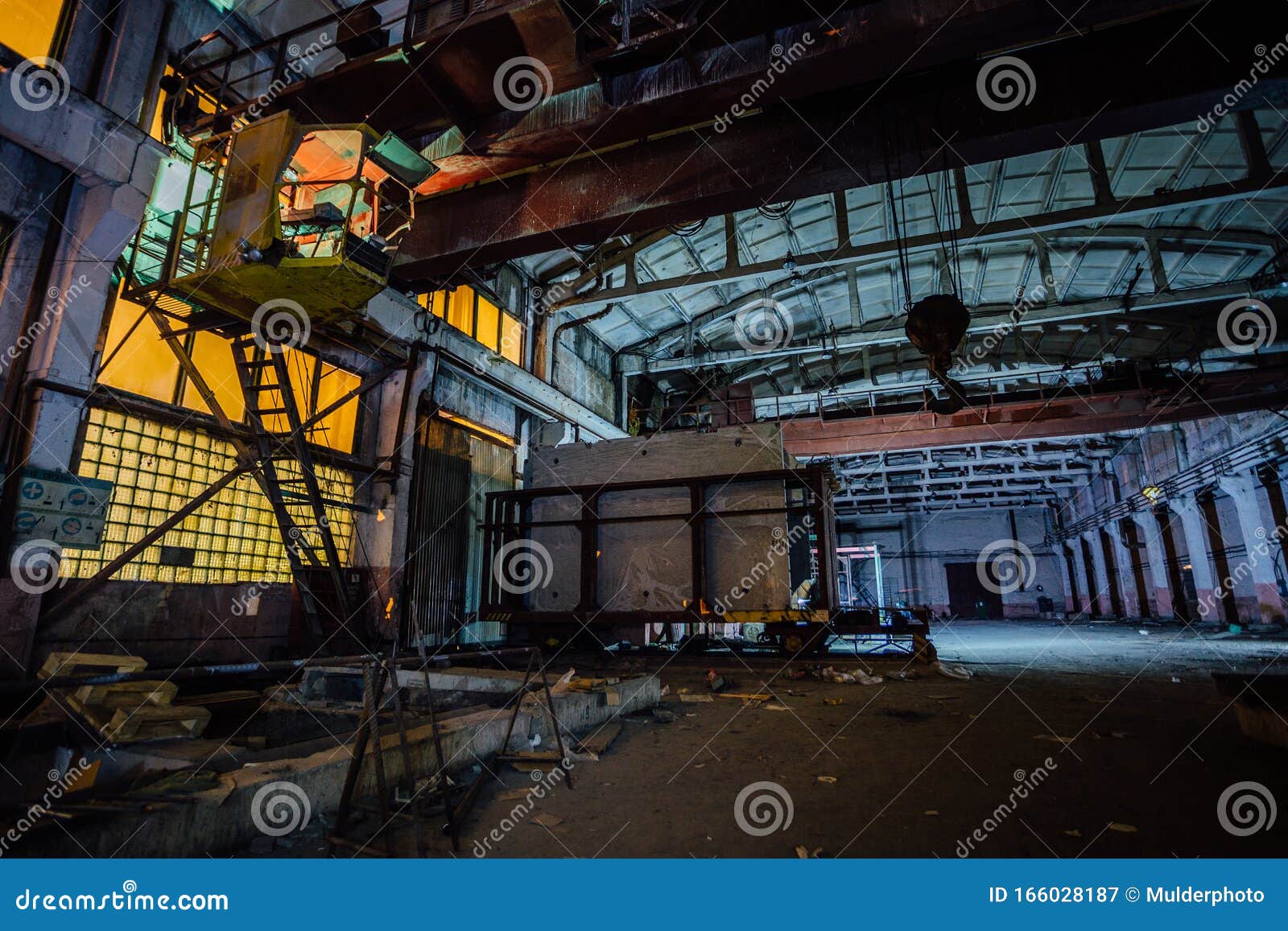 Old Broken Empty Abandoned Industrial Building Interior at Night Stock ...