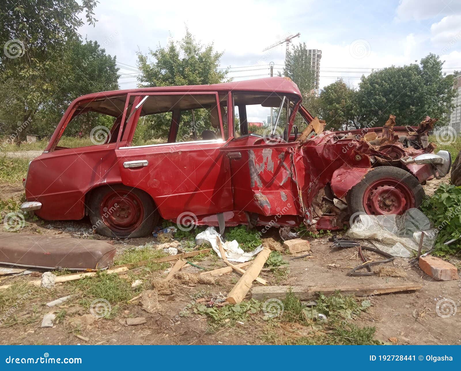 Old Broken Red Car, Crashed and Abandoned Car after an Accident Stock ...