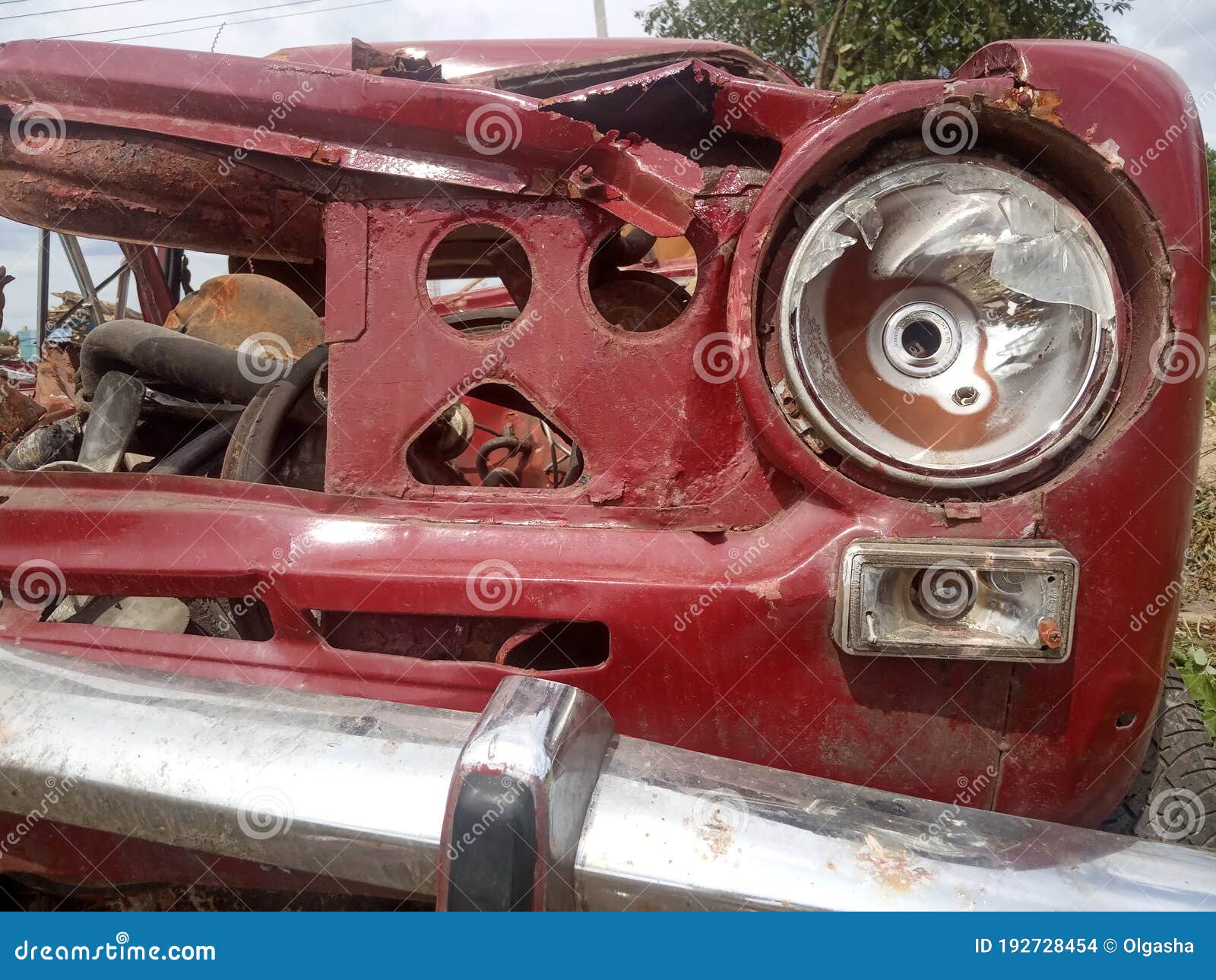 Old Broken Red Car, Crashed and Abandoned Car after an Accident Stock ...