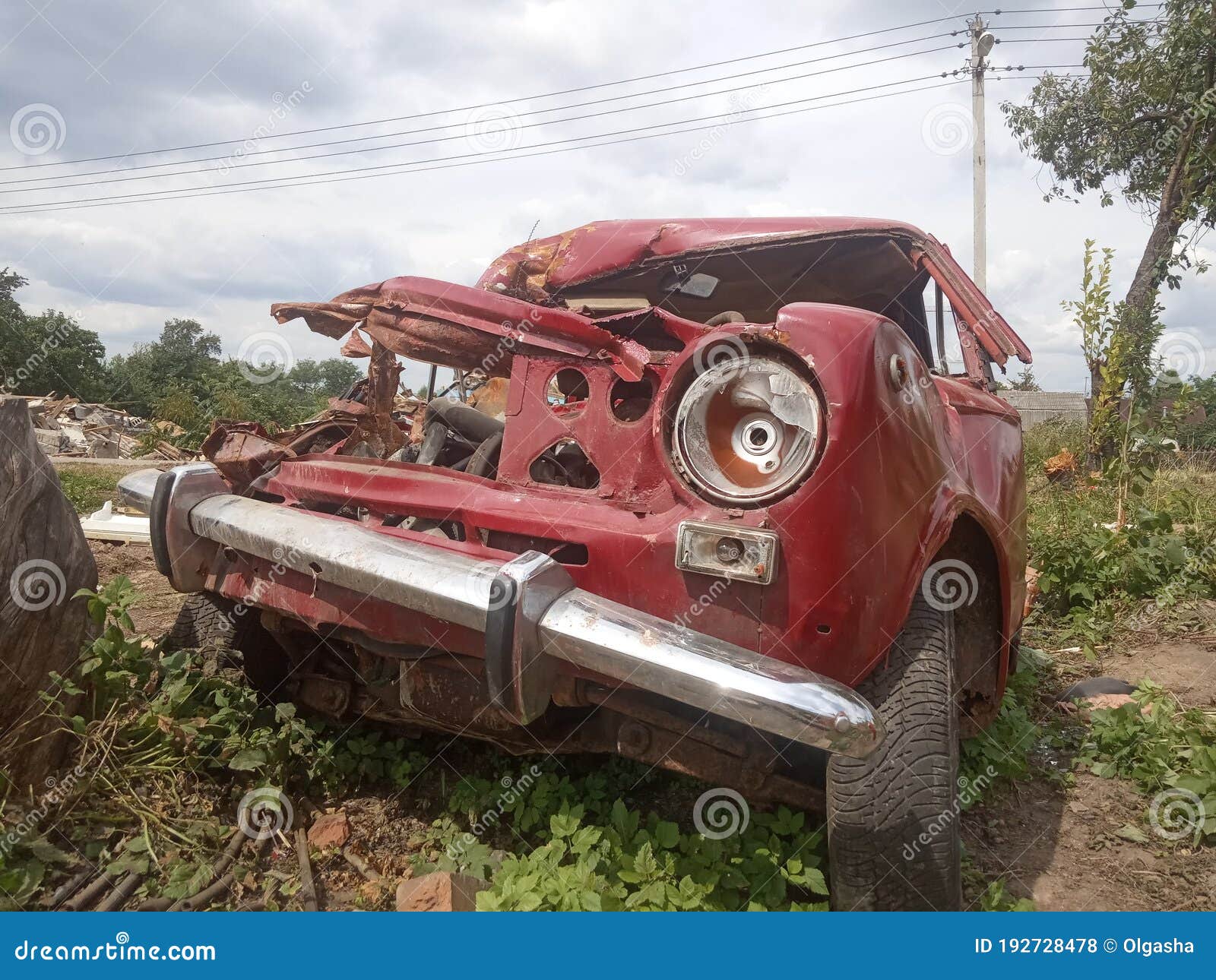 Old Broken Red Car, Crashed and Abandoned Car after an Accident Stock ...