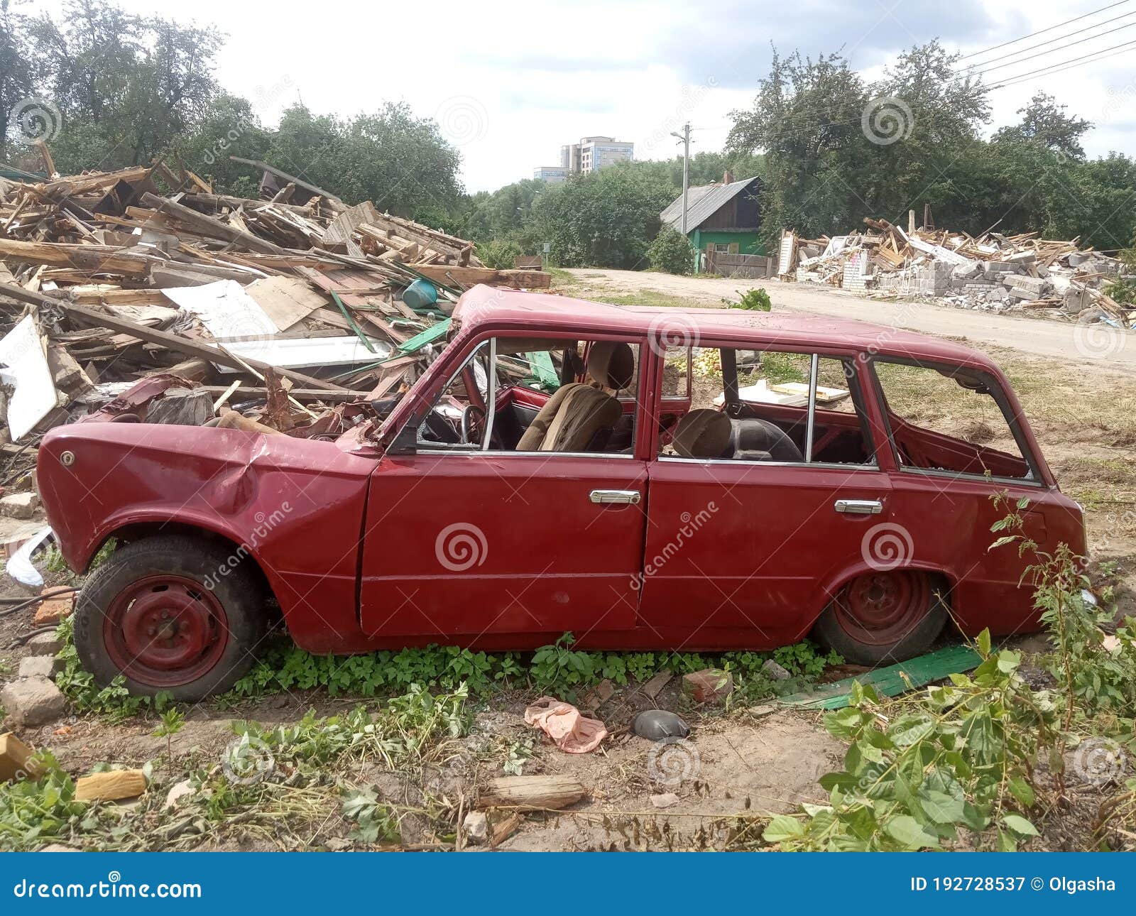 Old Broken Red Car, Crashed and Abandoned Car after an Accident Stock ...