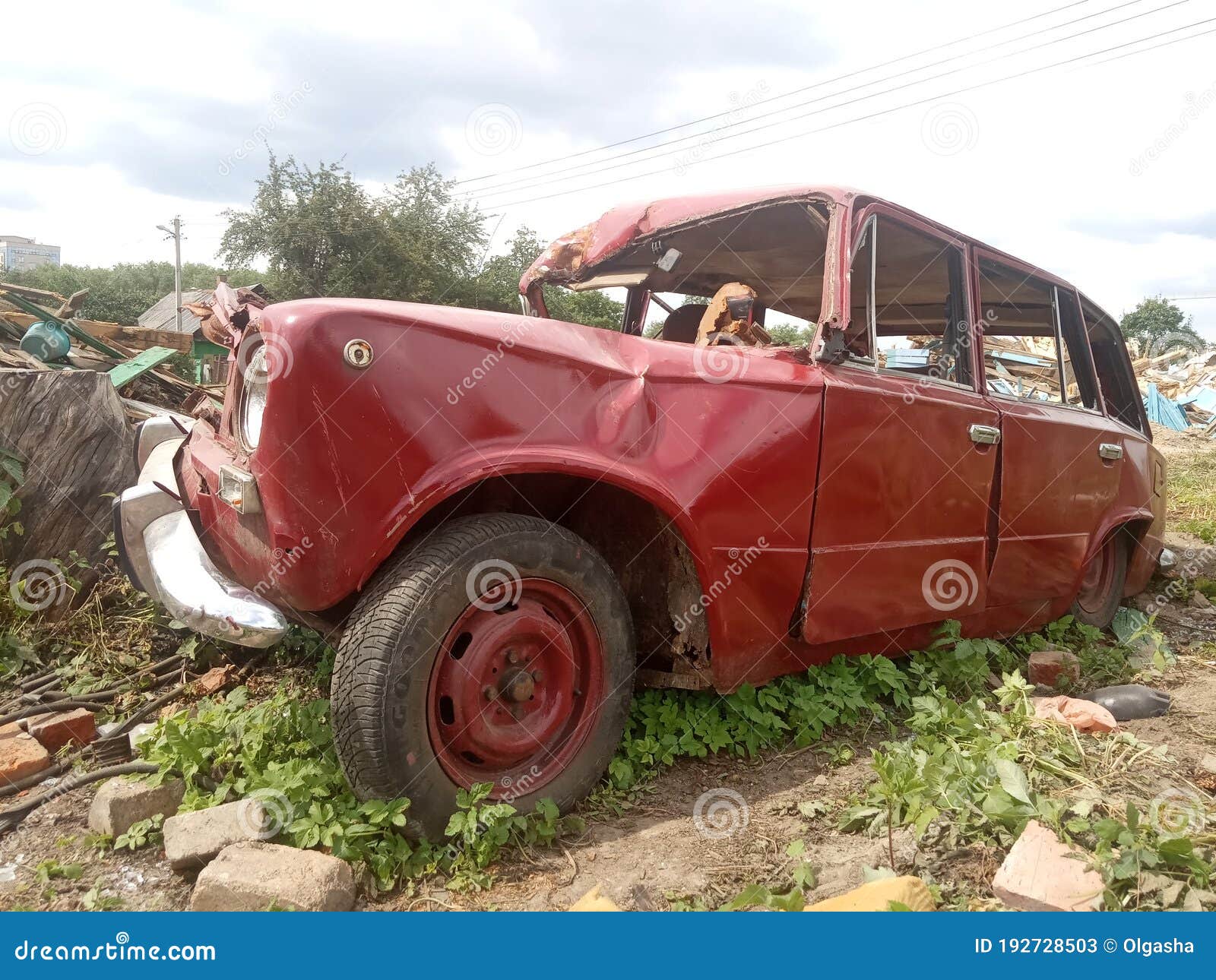 Old Broken Red Car, Crashed and Abandoned Car after an Accident Stock ...