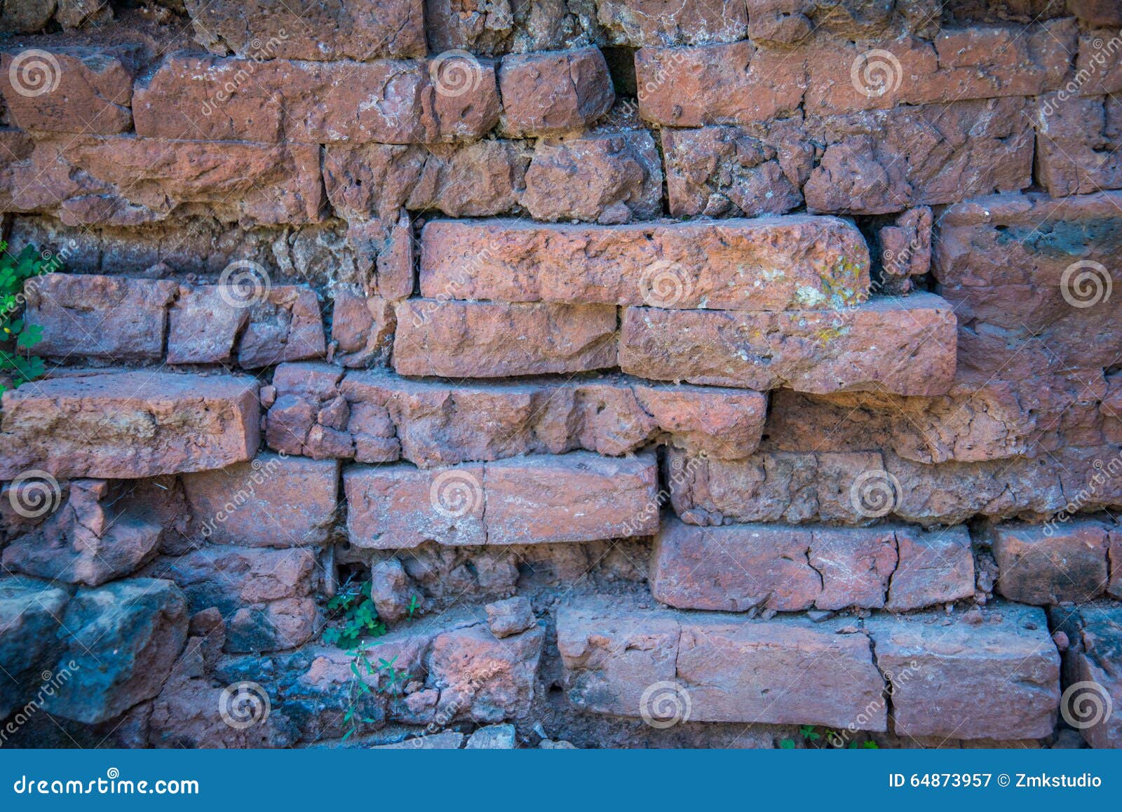 Old and Broken Red Stone Brick Wall Stock Image - Image of backdrop ...