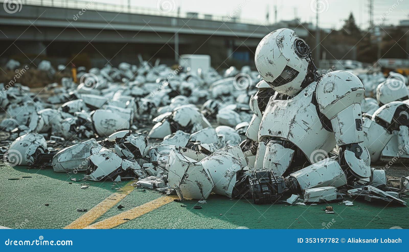 Old Broken Robots on a Green Field. Abandoned Old Robots in a Landfill ...
