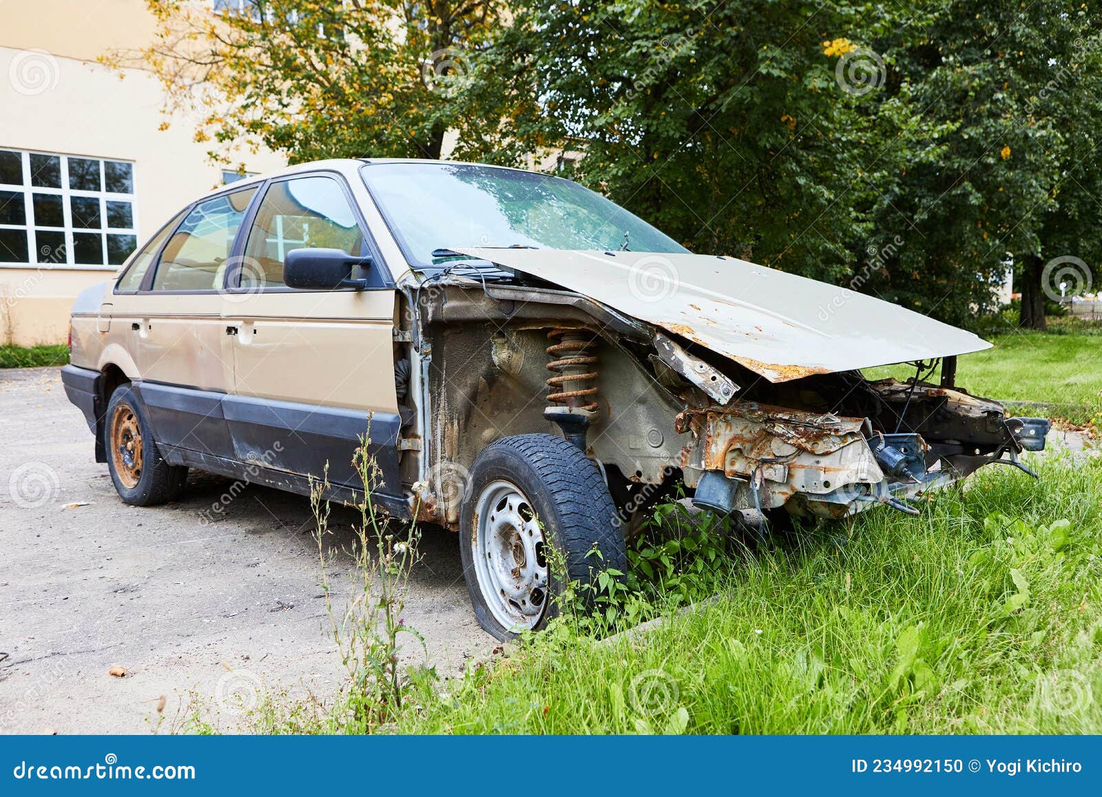 Old Broken Rusty Car without Bumper Engine and Fenders Stock Photo ...