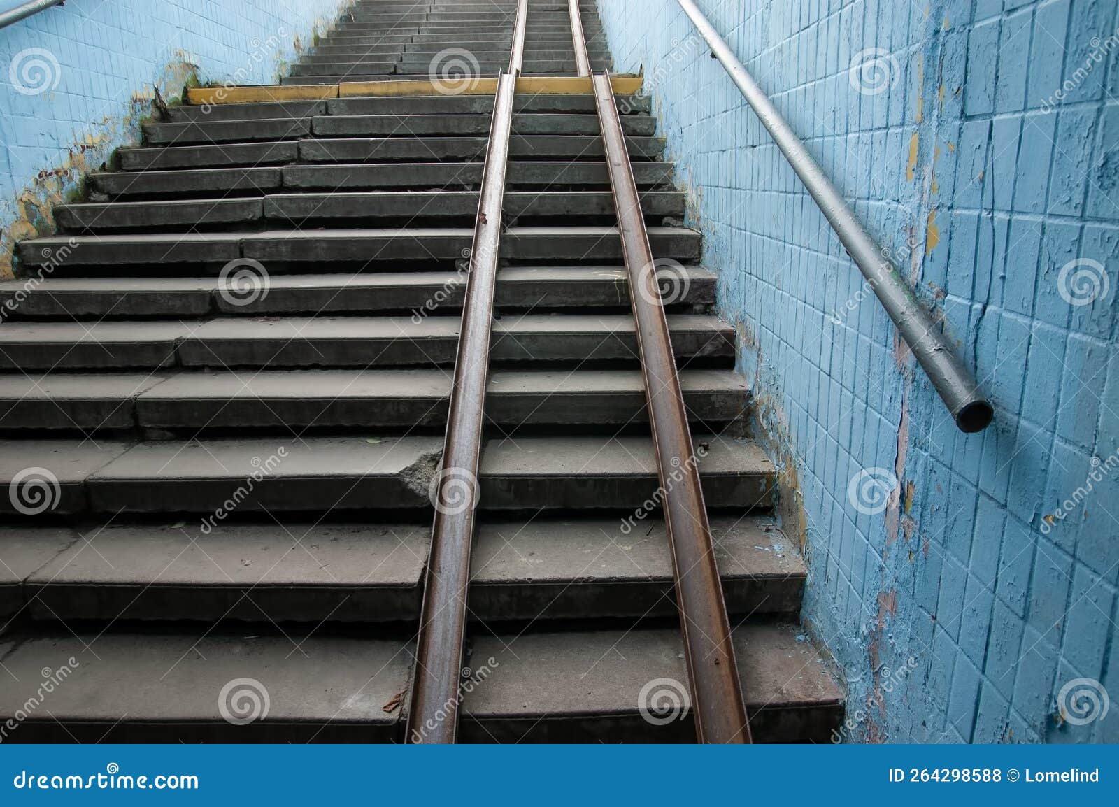Old Broken Staircase With Turquoise Tiles, Stone Stairs And Metal ...