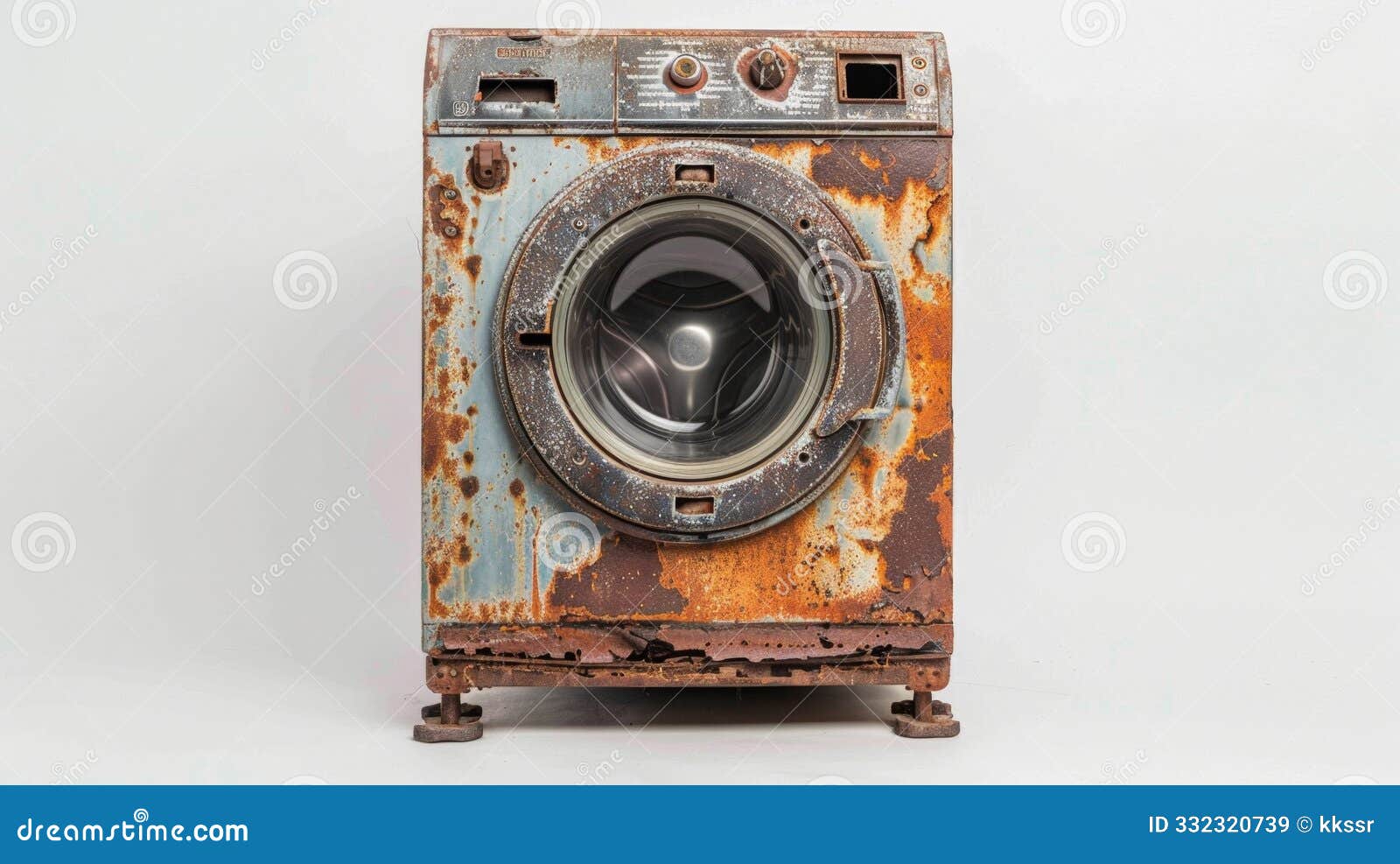 Old, Broken Washing Machine Covered In Rust Against A White Background ...