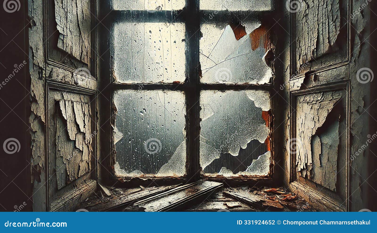 Old Broken Window with Rain Drops Falling on the Glass Stock ...