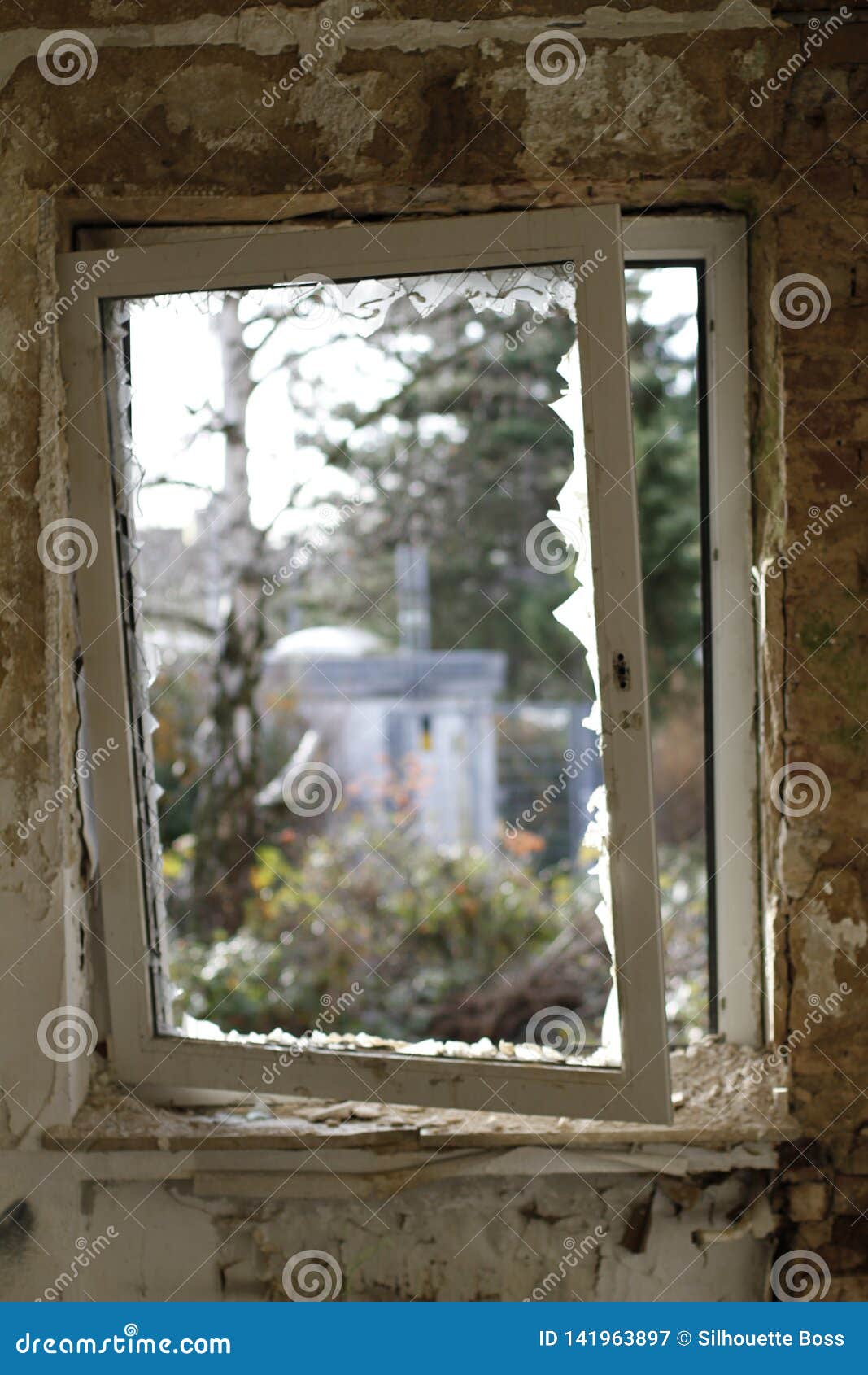 Old Broken Window with a View To the Outside Stock Image - Image of ...