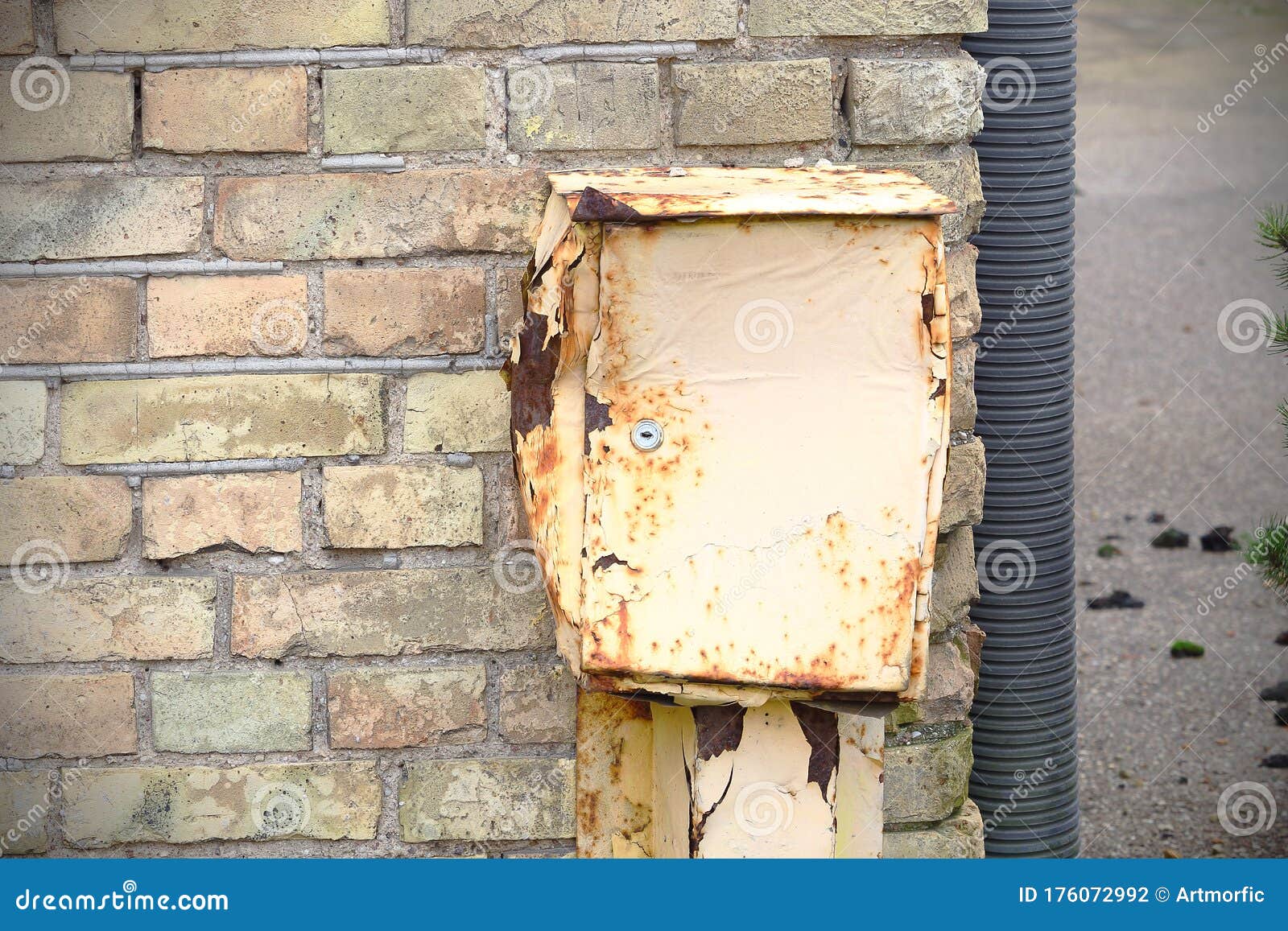 Old Broken Metal Electricity Box on Brick Wall Stock Photo - Image of ...