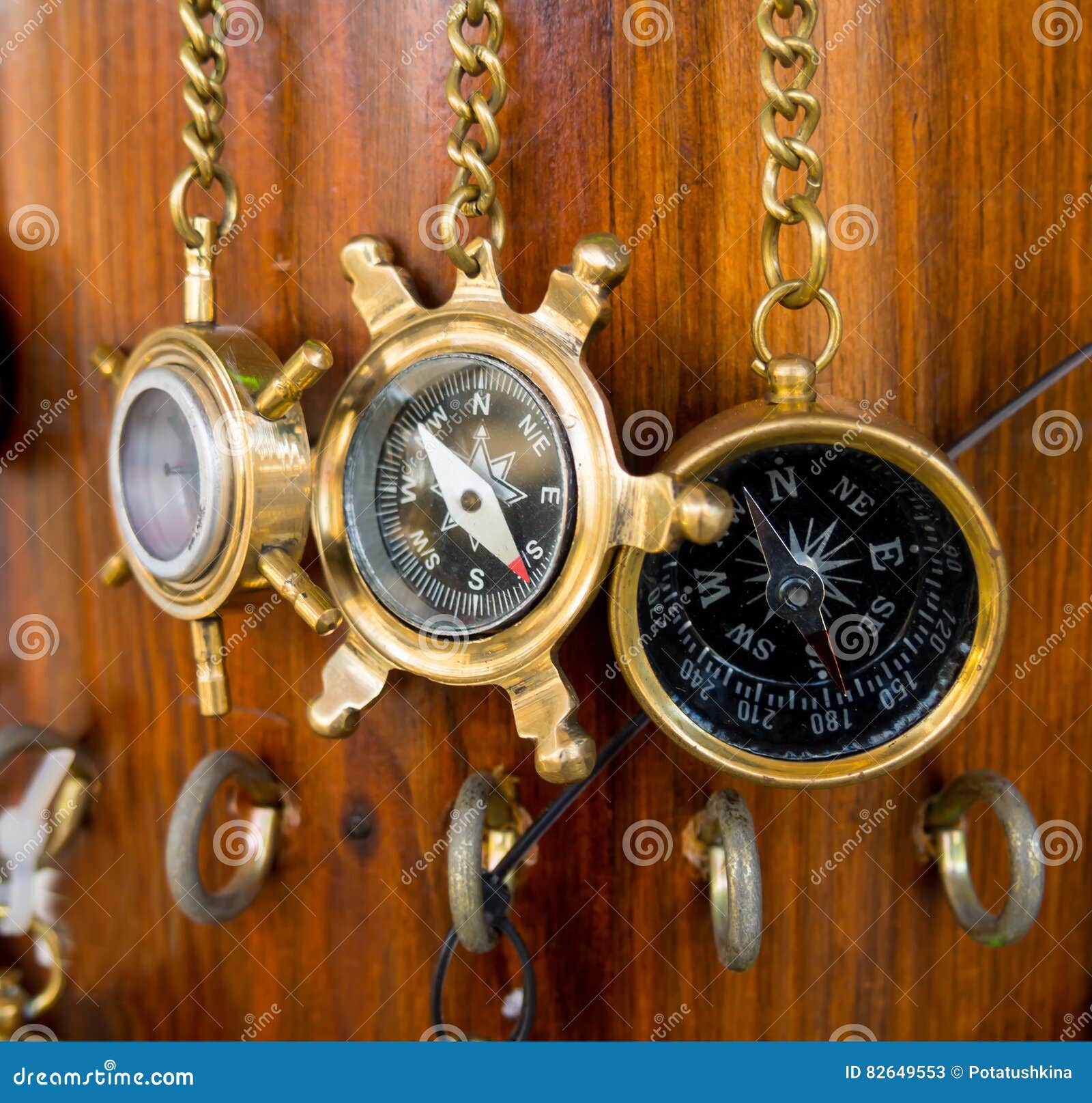 Old Bronze Compasses are Hanging on a Chain on a Wooden Wall Stock Image - Image of global ...