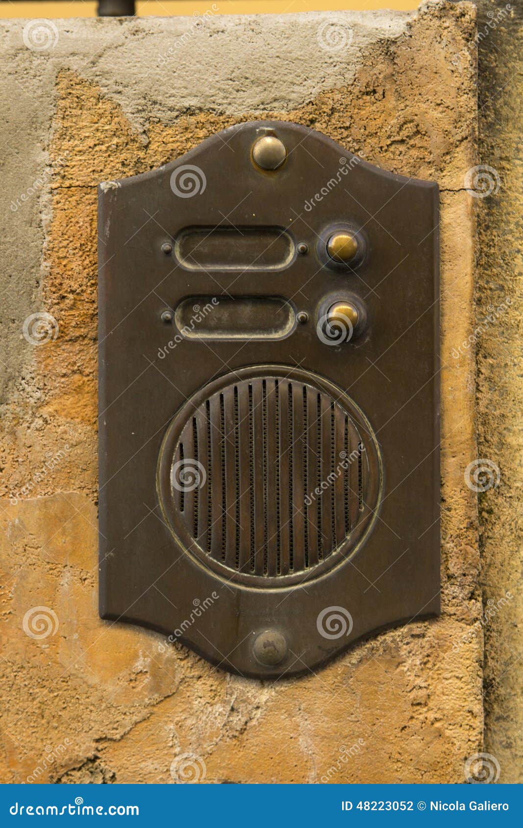 Old Bronze Door Intercom Buzzer Stock Photo - Image of label, cement ...