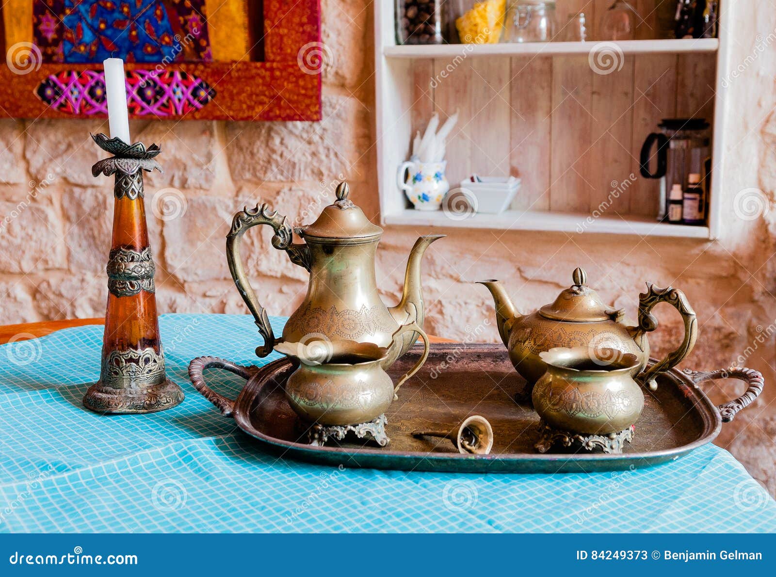 Old Bronze Tea Set and a Candlestick Stock Image - Image of bronze ...