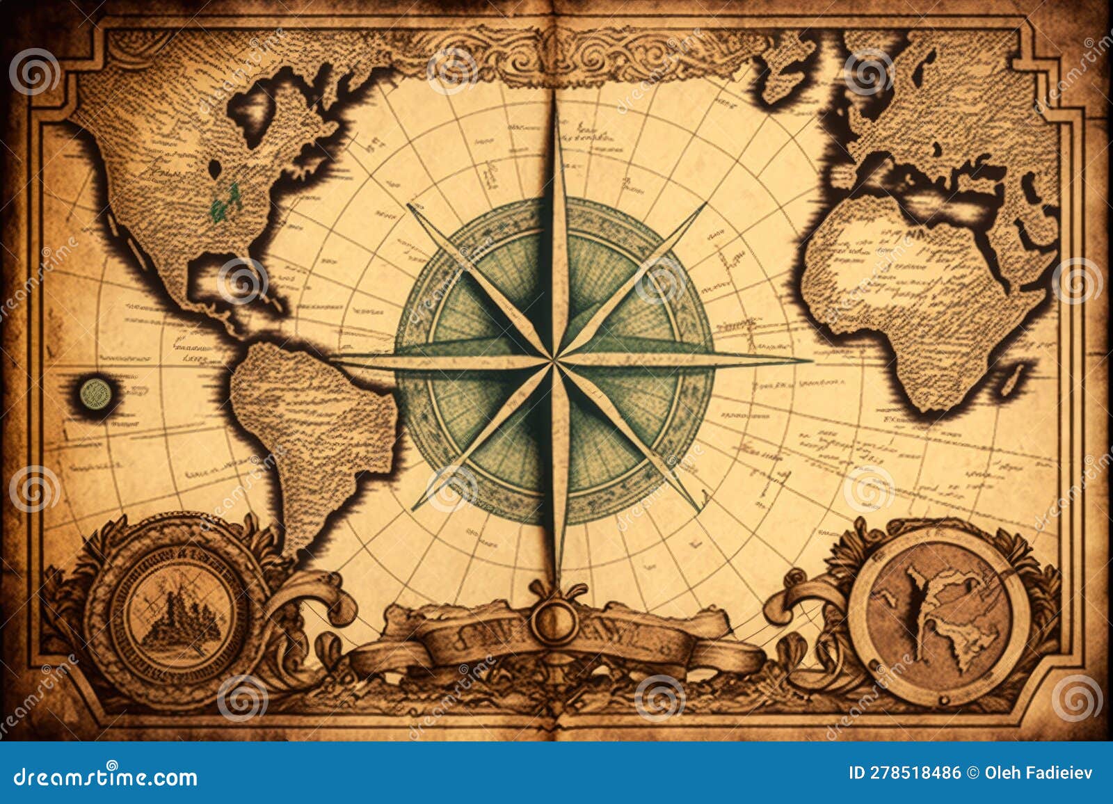 Old Brown Map with Compass and Wind Rose. Tinted Image in Vintage Style ...