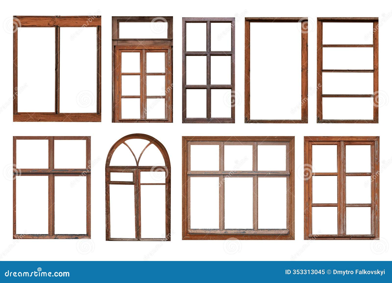 Old Brown Window Frames, Different Shapes Isolated on White Background ...